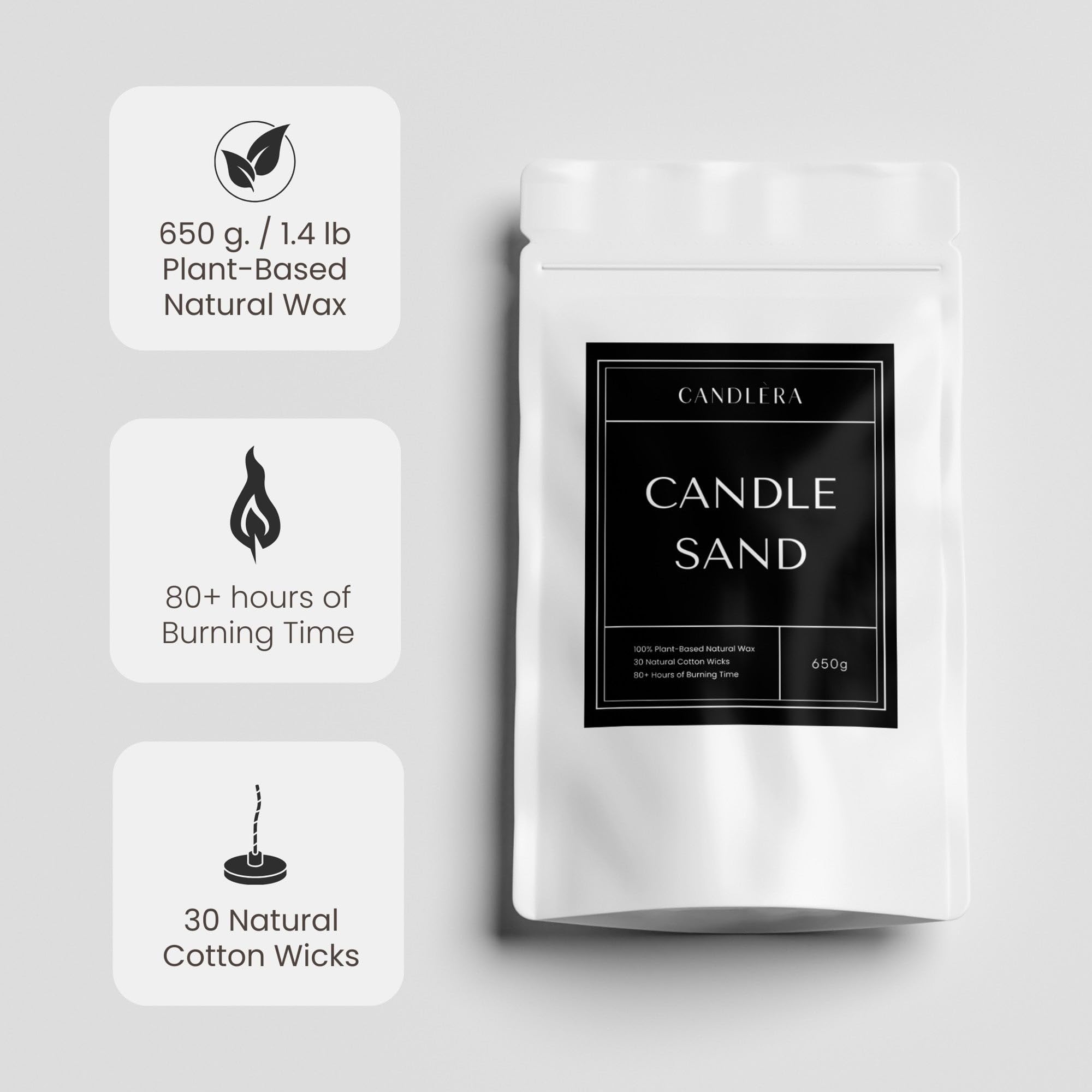 Candlera Pearled Candle Sand - 650g / 23 oz +30 Cotton Wicks, Unscented, Non-Toxic Luxury Candle Powder, Long-Lasting 80+ Hours, Eco-Friendly, Refillable White Candle with 30 Wicks Included