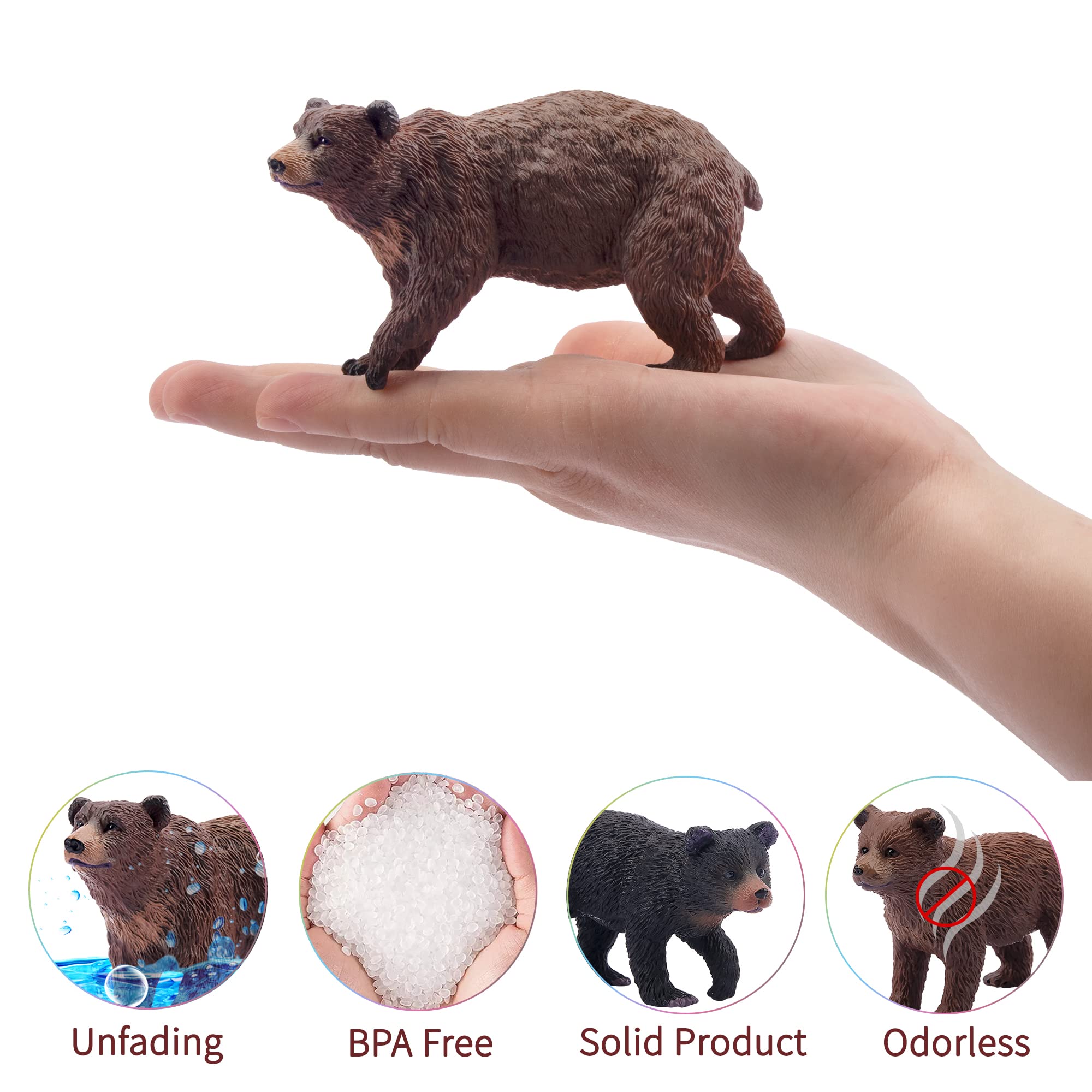 Toymany 6PCS Bear Figurines, Realistic Forest Animals Bear Family Figures Toy Set Includes Brown Bears Black Bears and Cubs, Education Toy Birthday for Kids Toddlers