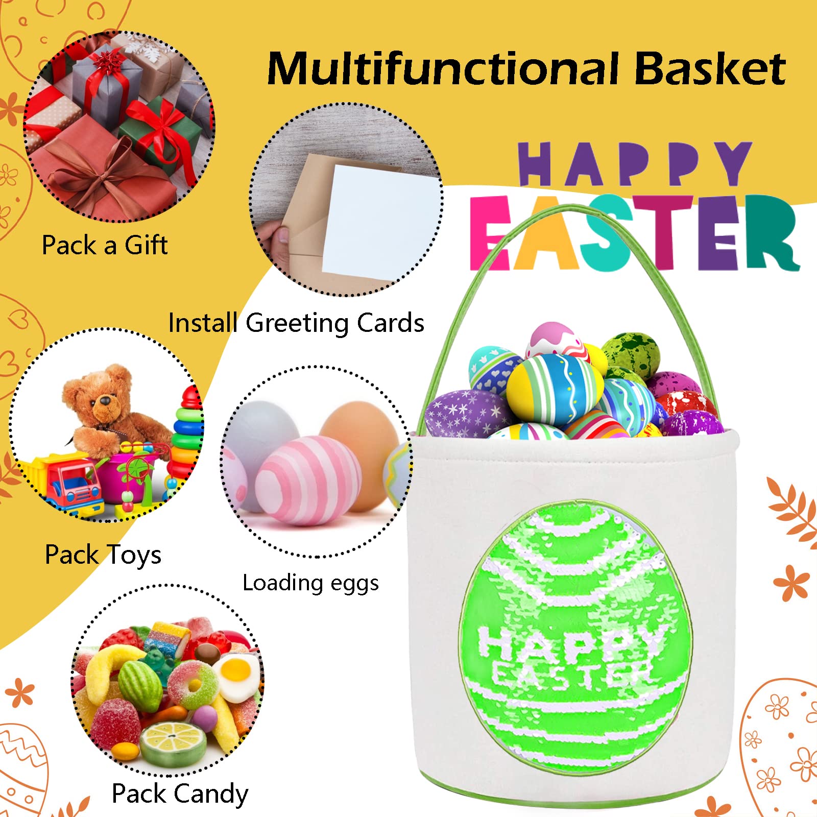 Easter Baskets for Kids, Easter Eggs Hunt Basket, Personalized Basket Canvas Cotton Carrying Gift and Eggs Hunt Bag, Easter Gift Basket for Boys Girls, Candy Buckets, 3 Packs