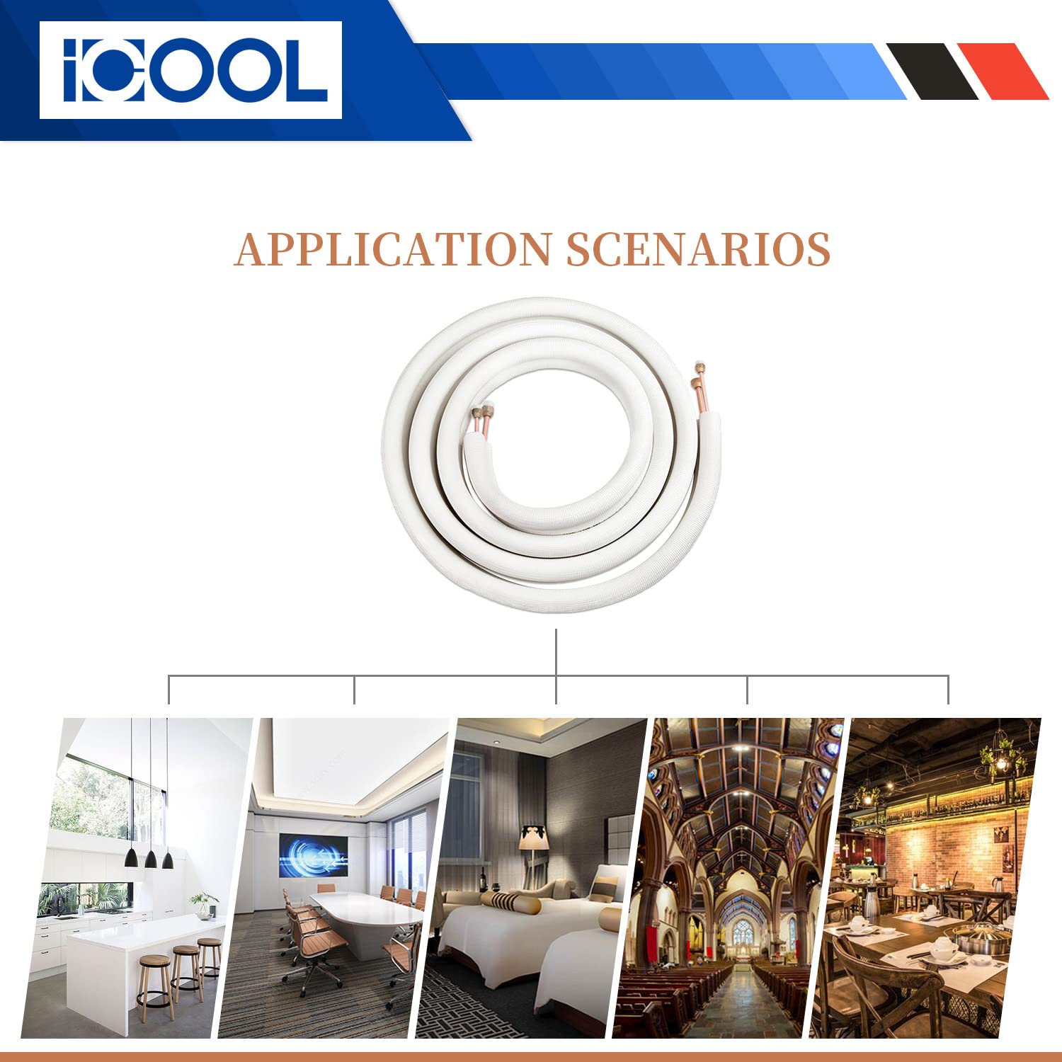 ICOOL 16 Ft. Mini Split Line Set, 1/4" & 1/2" O.D. Twin Copper Pipes, 3/8" Thickened PE Insulated Coil Copper Line for Air Conditioner HVAC Refrigeration and Heating Equipment, with Fittings