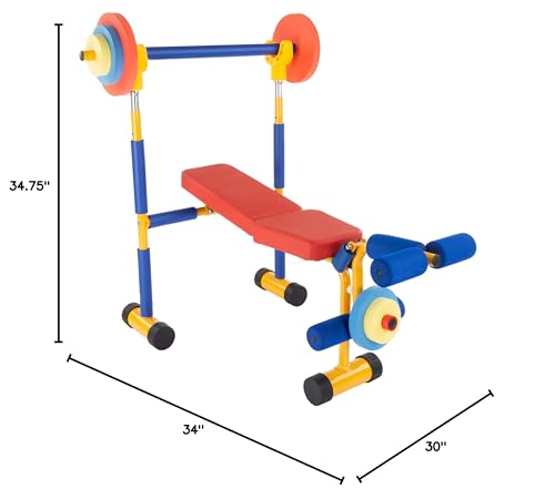 Hey! Play! Toy Bench and Leg Press – Children’s Play Workout Equipment for Beginner Exercise, Weightlifting, Powerlifting - for Boys and Girls, Brown (80-SH-04)
