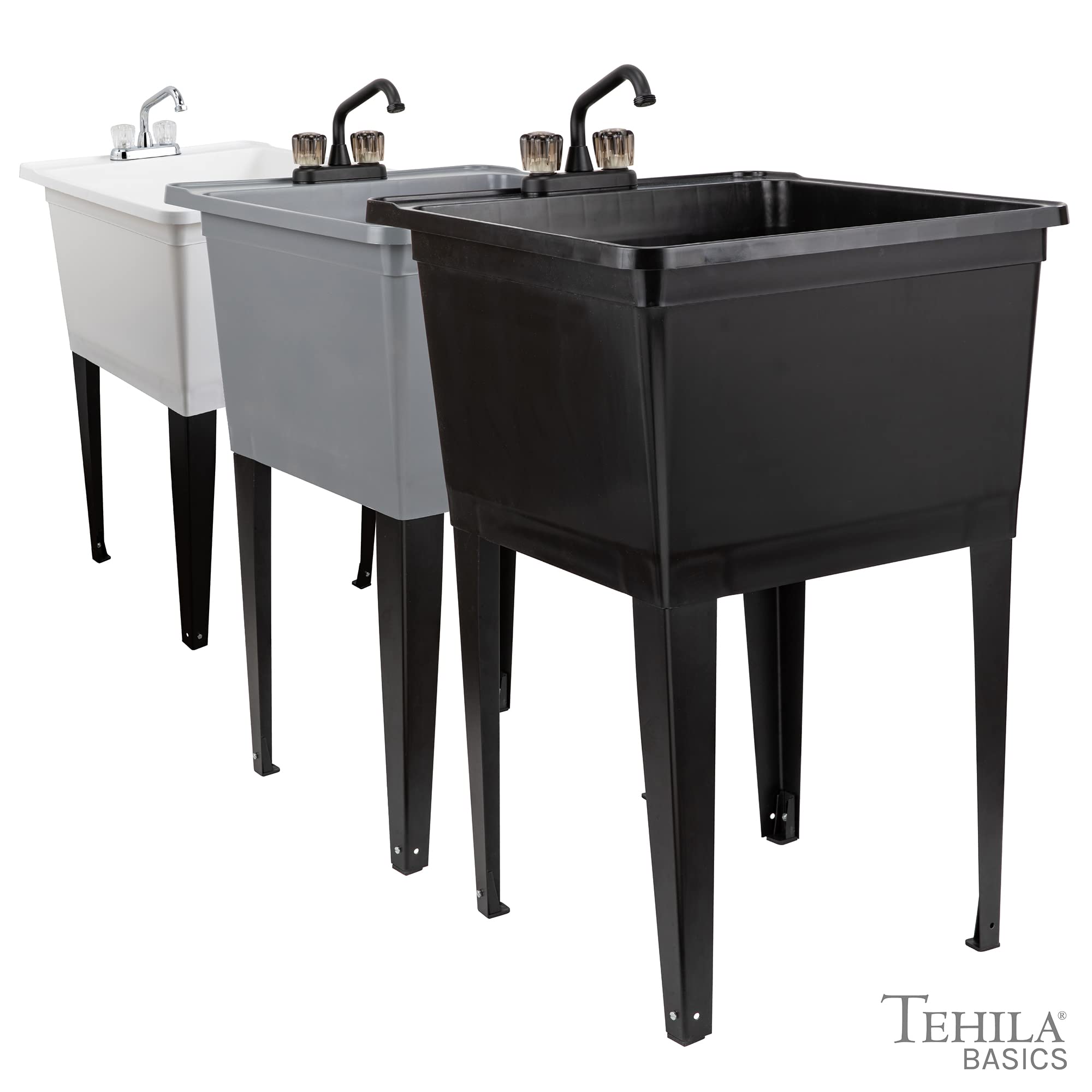 Tehila Basics by JS Jackson Supplies 21-Gallon Black Freestanding Utility Sink with Black 2-Handle Faucet, Heavy Duty Plastic Laundry Tub with Adjustable Legs