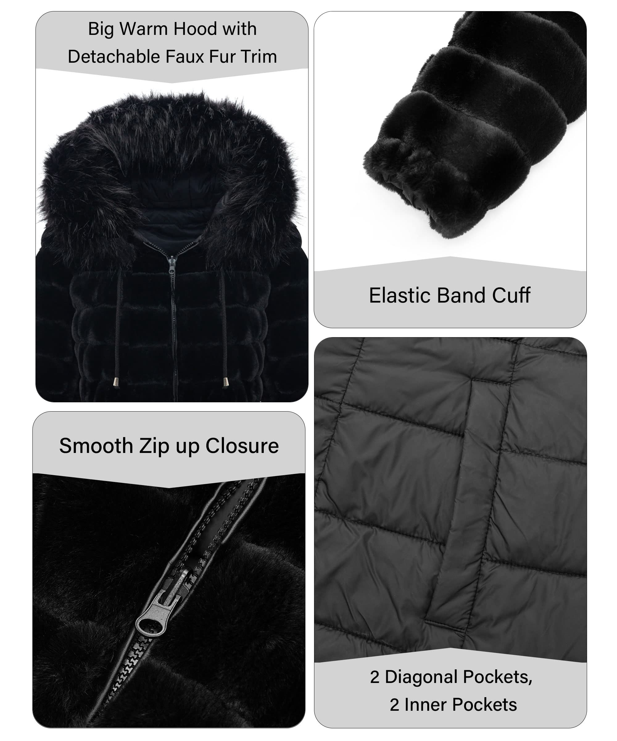 Bellivera Women Double Sided Faux Fur Jacket with Fur Collar, The Puffer Coat Worn on Both Sides 19225 Black XXL