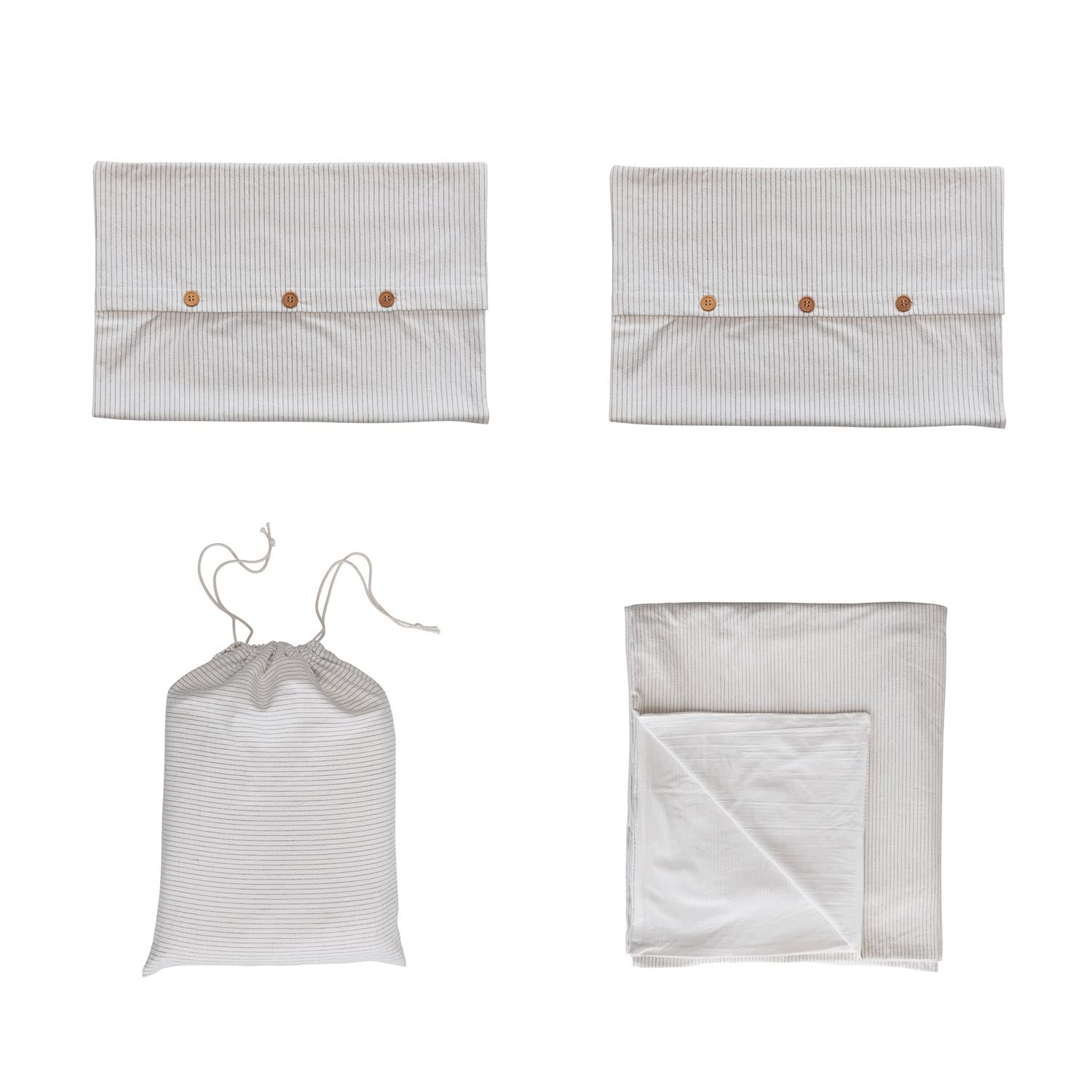 Creative Co-Op Cotton Double Sided Striped, 2 Shams, Set of 3 Duvet Cover, Queen, White