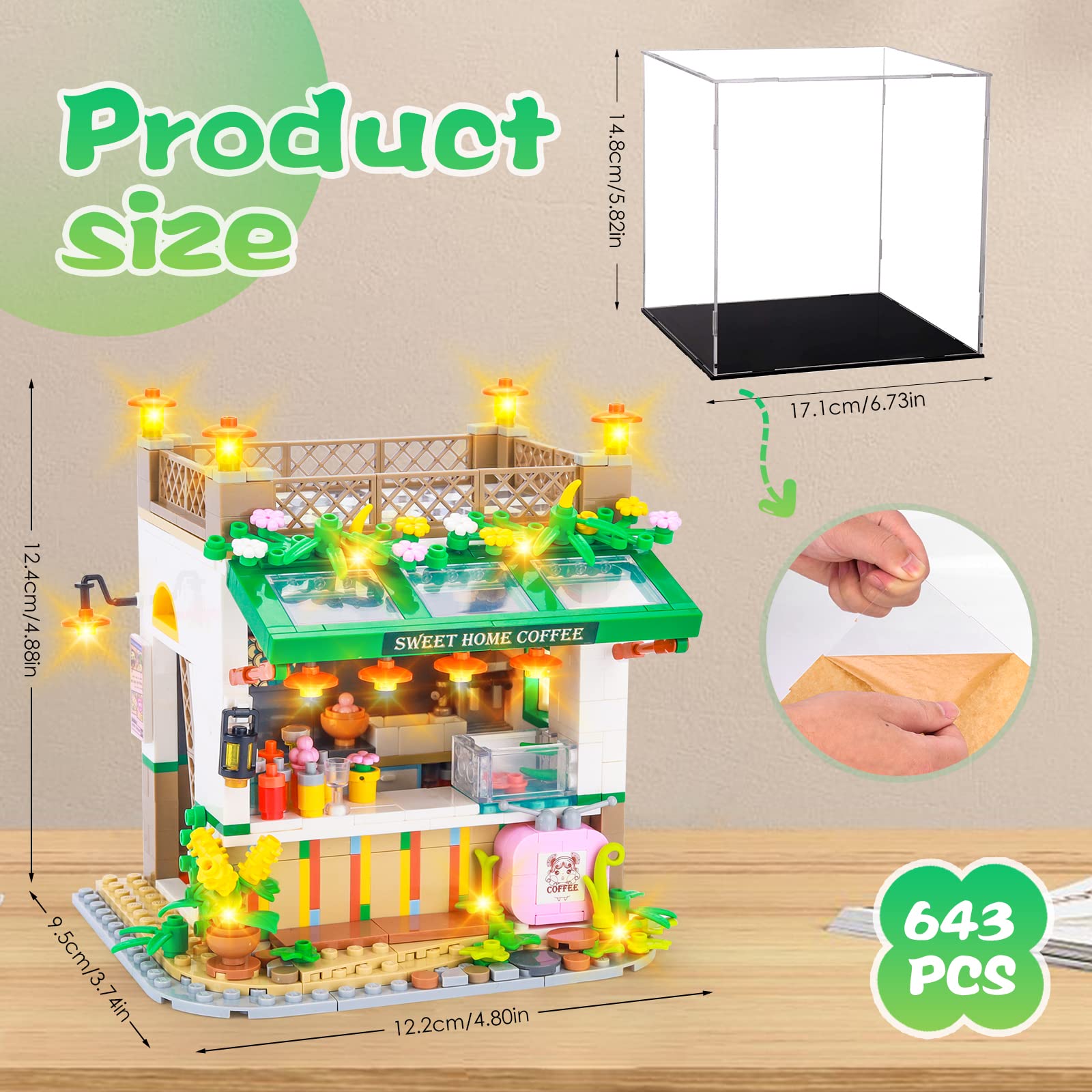 Chifavortoo Flower House Building Set Toys for Kids, Coffee Shop Dessert Micro Mini Building Block Kits Compatible with Lego with Light and Acrylic Display Box, Nice Gift Box 643pcs