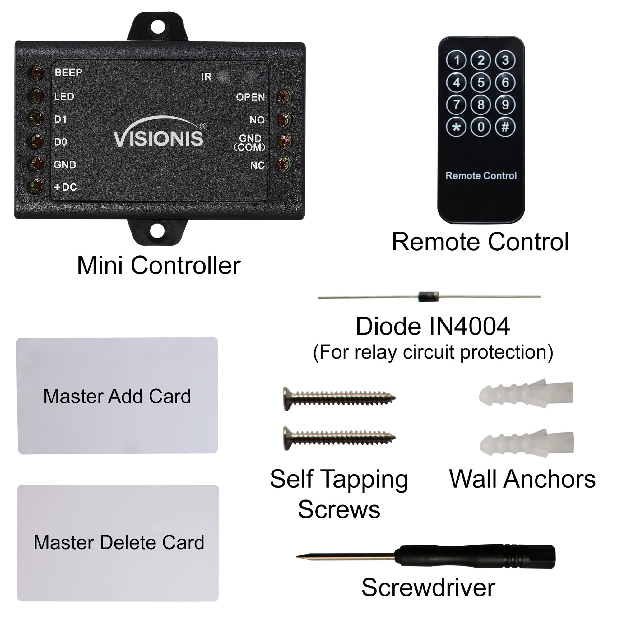 Visionis VIS-3002 Access Control Indoor Only Digital Touch Keypad + Reader Standalone with Mini Controller, Wiegand 26, Standard Design, No Software, EM Cards, 1000 Users