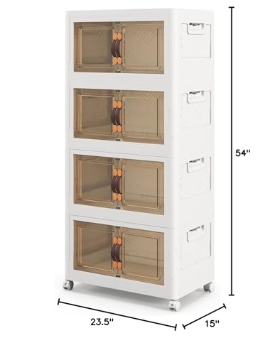 COSTWAY Storage Bins with Doors, 4-Pack Dual Open Stackable Plastic Clothes Organizer with Lid & Wheels, Shoe Box, Versatile Collapsible Storage Boxes for Living Room, Bedroom, Closet, Dorm, 66.5 Gal
