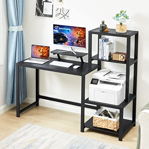 GreenForest Computer Desk 59 inch with Storage Printer Shelf Reversible Home Office Desk with Movable Monitor Stand and 2 Headphone Hooks for Study Writing PC Gaming Working, Black
