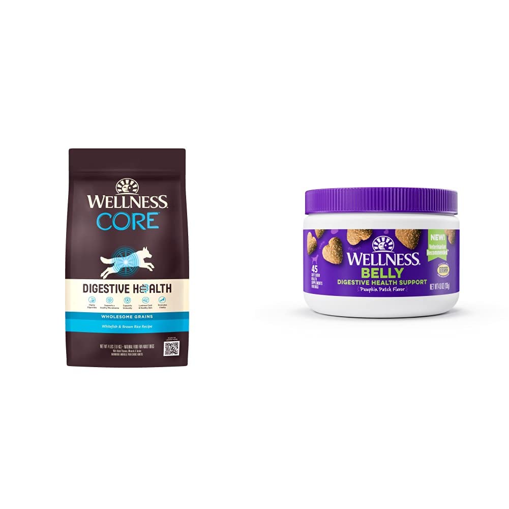Wellness Digestive Health Trial Bundle: CORE Digestive Health Dry Dog Food with Wholesome Grains (Whitefish, 4-Pound Bag) Digestive Health Soft Chew Dog Supplement, Pumpkin Flavor, 45 Count