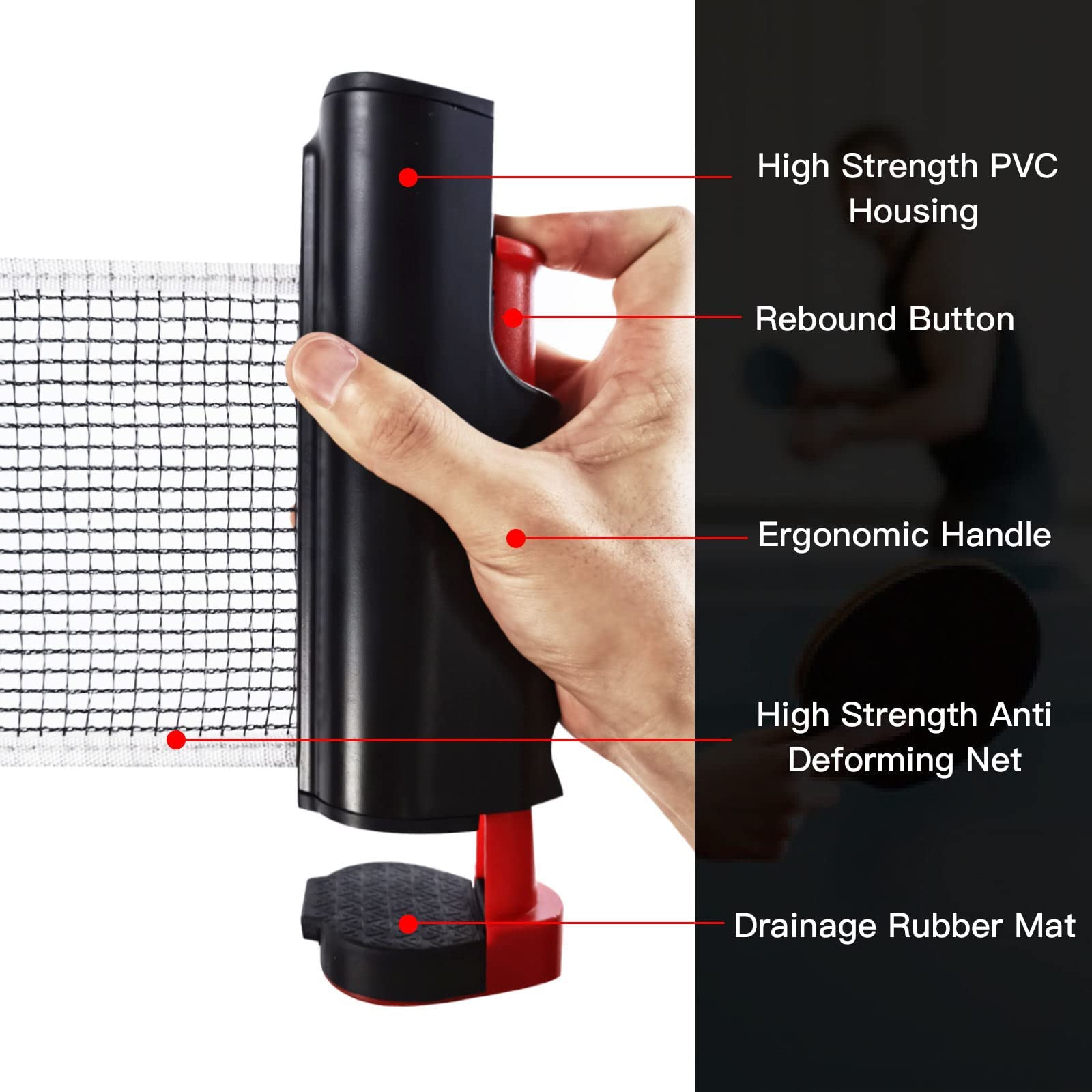 Backyard All Star Retractable Portable Table Tennis Net/Ping Pong Net with Storage Bag to Play Any Table up to 70 inch Wide and 2 inch Thick., Black