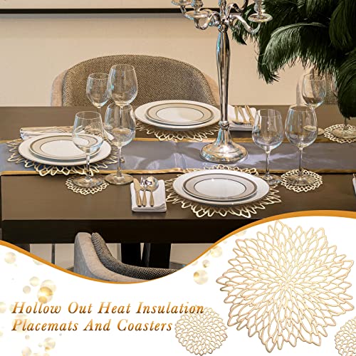CHENGU 24 Pcs Round Pressed Vinyl Placemats Metallic Place Mat Coaster Set Including Placemats and Coasters Non Slip Heat Resistant Washable Table Mats for Dining Table Kitchen Decoration (Gold)