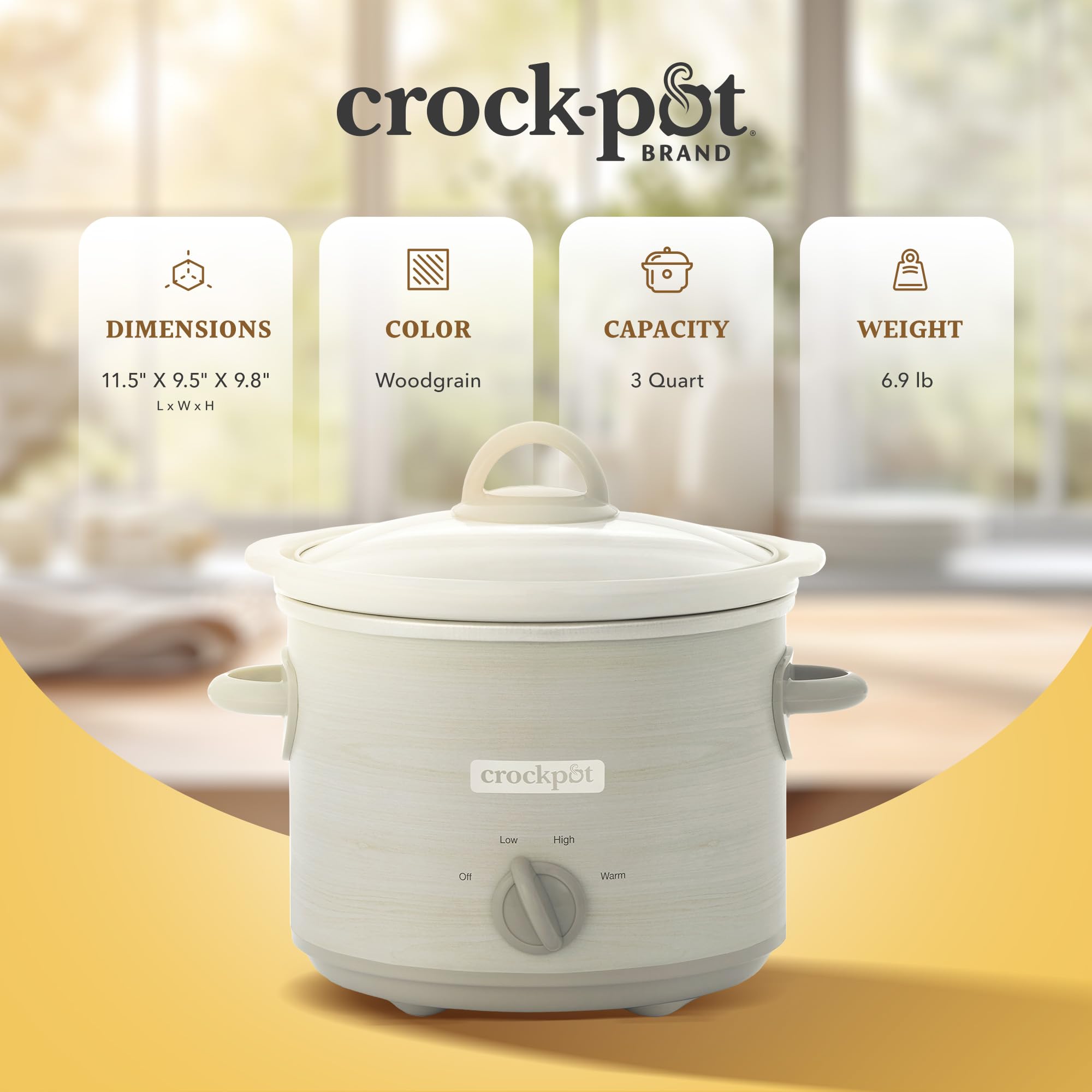 Crock-Pot Manual Design Series 3 Quart Slow Cooker with 3 Cook Settings, Removable Dishwasher and Oven Friendly Stoneware for Meal Prep, Woodgrain