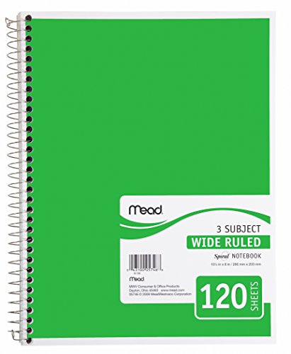 Mead Spiral Notebook, 3 Subject, Wide Ruled Paper, 120 Sheets, 10-1/2 x 7-1/2 inches, Color Selected For You (05746)