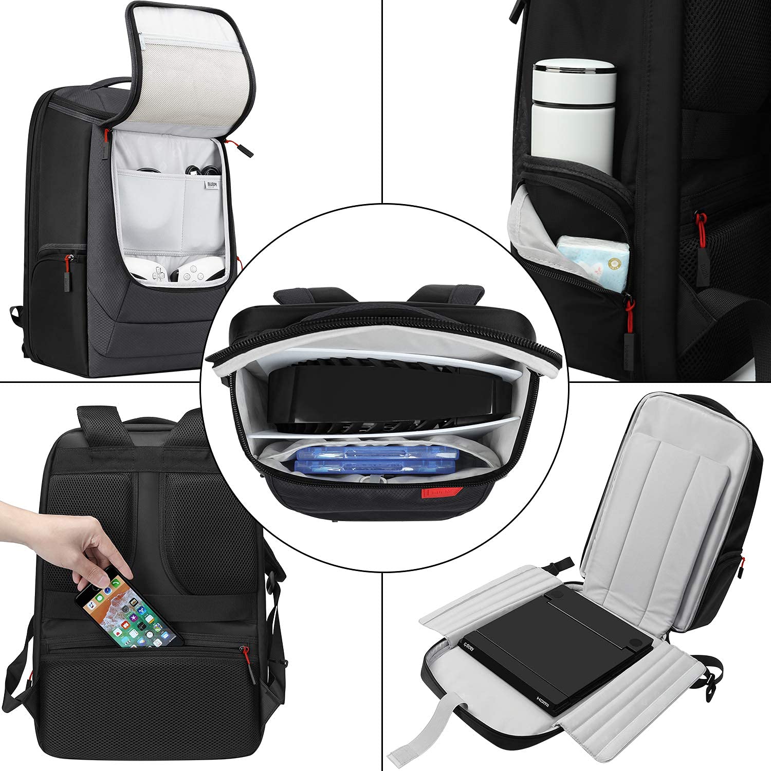 BUBM Console Backpack for PS5,Large Capacity Travel Carrying Case for Sony PlayStation5 Console Digital Edition,Storage Bag for Controllers, Monitor,Headset,Game discs,Charger & Accessories