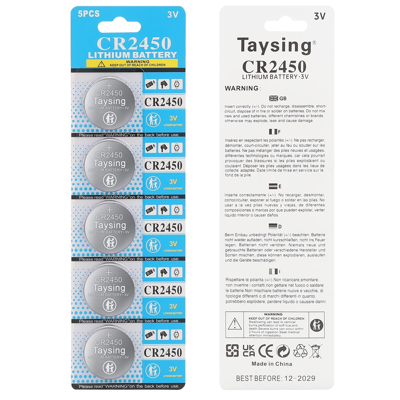 Taysing 50 Pack 3V High Capacity Lithium Button Coin Cell Batteries CR2450 ECR2450 Used in Most Electronic Devices