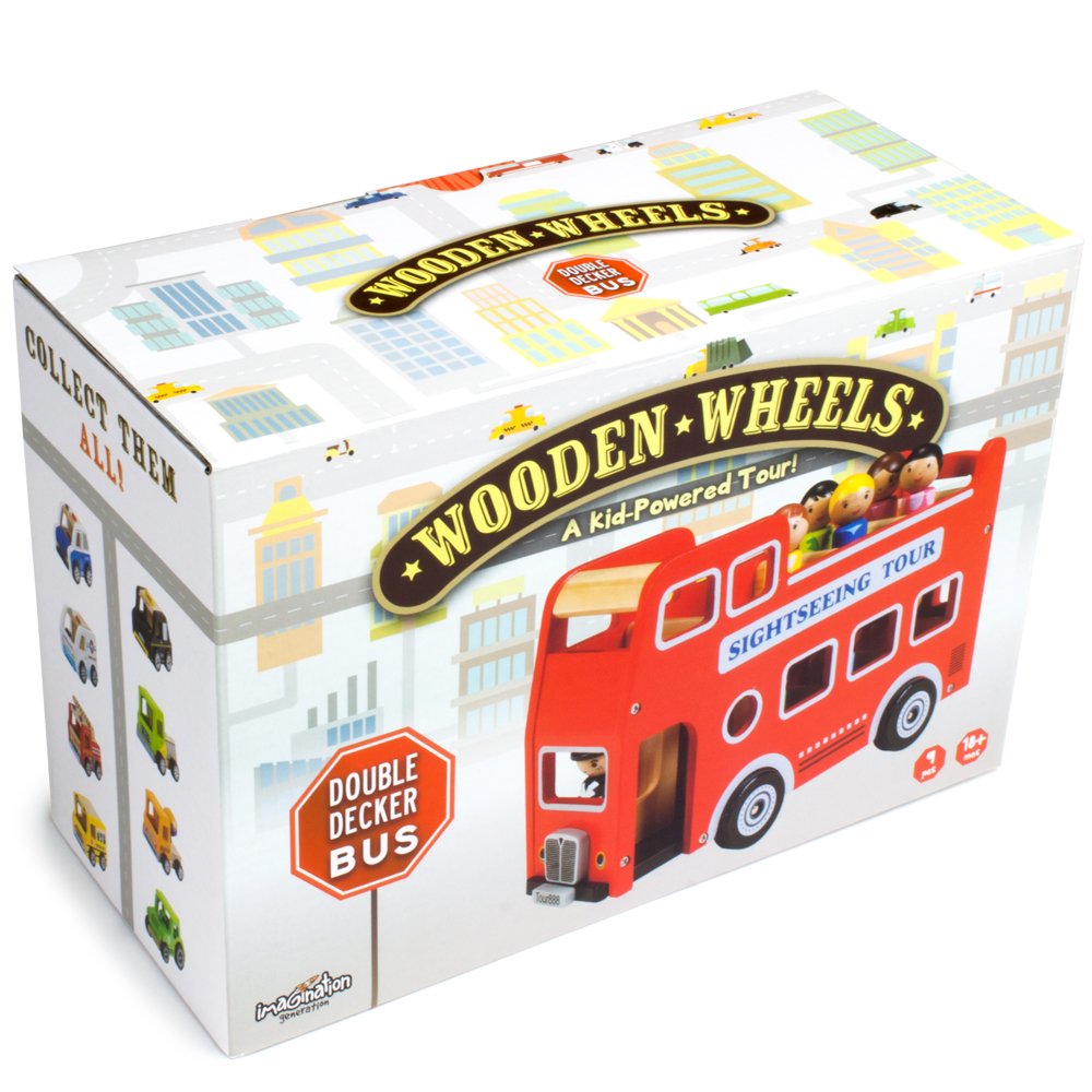 Imagination Generation Wooden Wheels Natural Beechwood Chunky Cars and Vehicles for Children +12 Months | Double Decker Bus