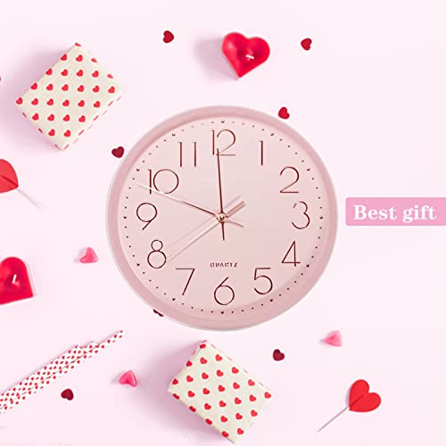 JUSTUP Round Wall Clock, 12 Inch Pink Large Wall Clock for Bedroom, Quality Quartz Modern Silent Clock with Battery Operated, Arabic Quiet Wall Clock Decor for Home Kitchen Living Room Office (Pink)