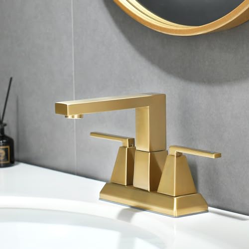 BRAVEBAR Brushed Gold 2 Handle Bathroom Faucet - 4In Centerset Faucet Bathroom | Modern Brass Faucets for Bathroom Sink with Pop Up Drain Assembly & 360° Swivel Spout Gold