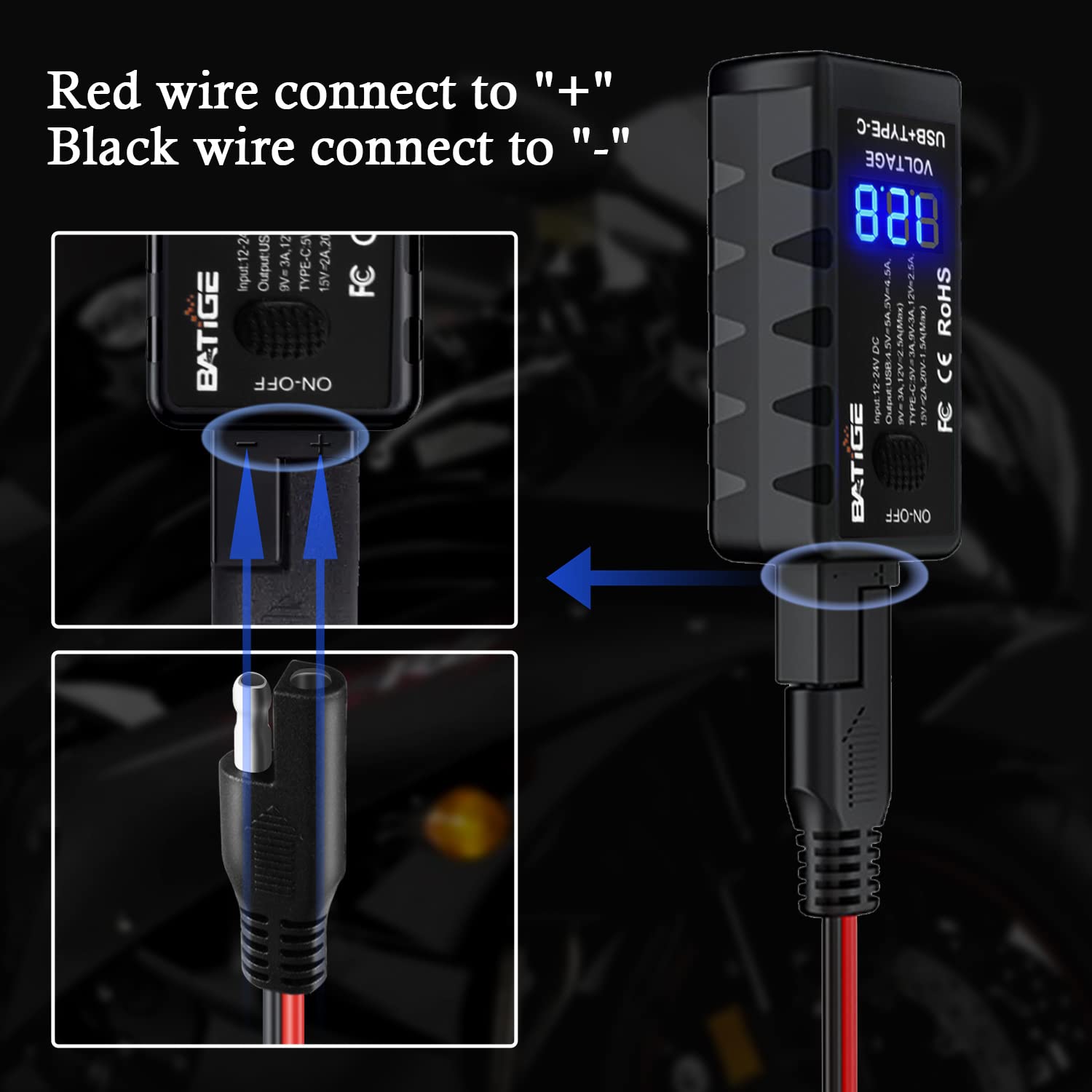 BATIGE Motorcycle USB Charger SAE to USB Adapter Type C and Quick Charge USB 3.0 with Voltmeter, ON/Off Switch and 3.6FT SAE Extension Cable Waterproof 3 Install Options for GPS Smartphone Camera