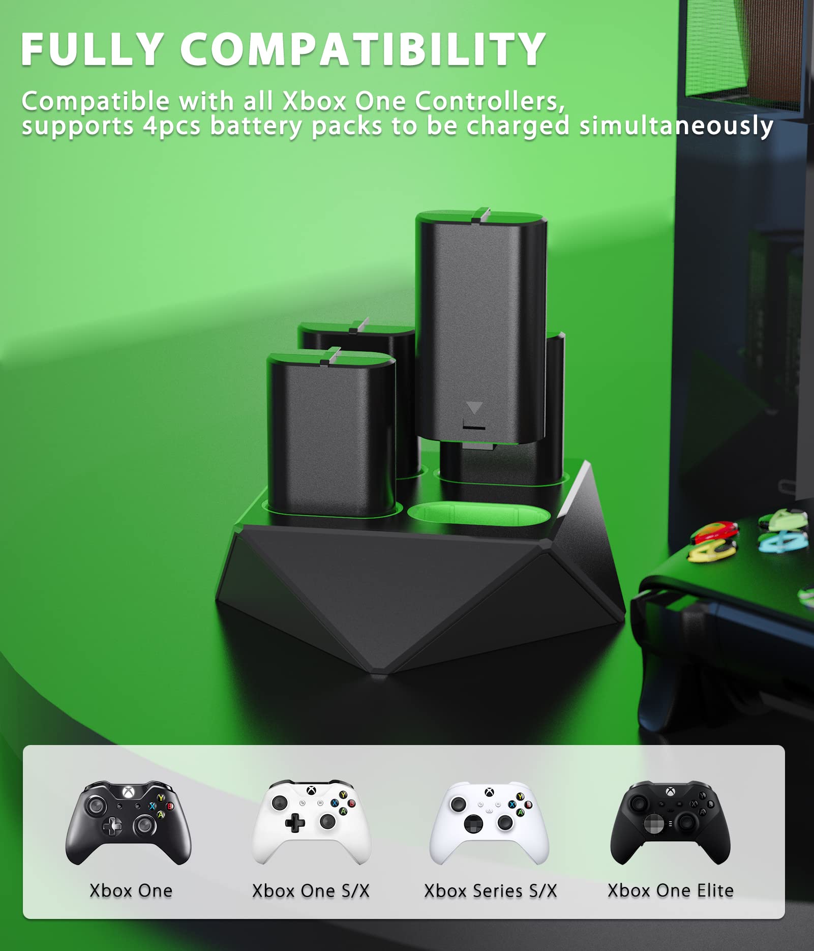 Rechargeable Battery Packs for Xbox Series X|S, 4 x 1200mAh Xbox one Controller Battery Packs, High Capacity Rechargeable Battery with Charger for Xbox One/One S|X/Xbox Series X|S/Elite Controllers