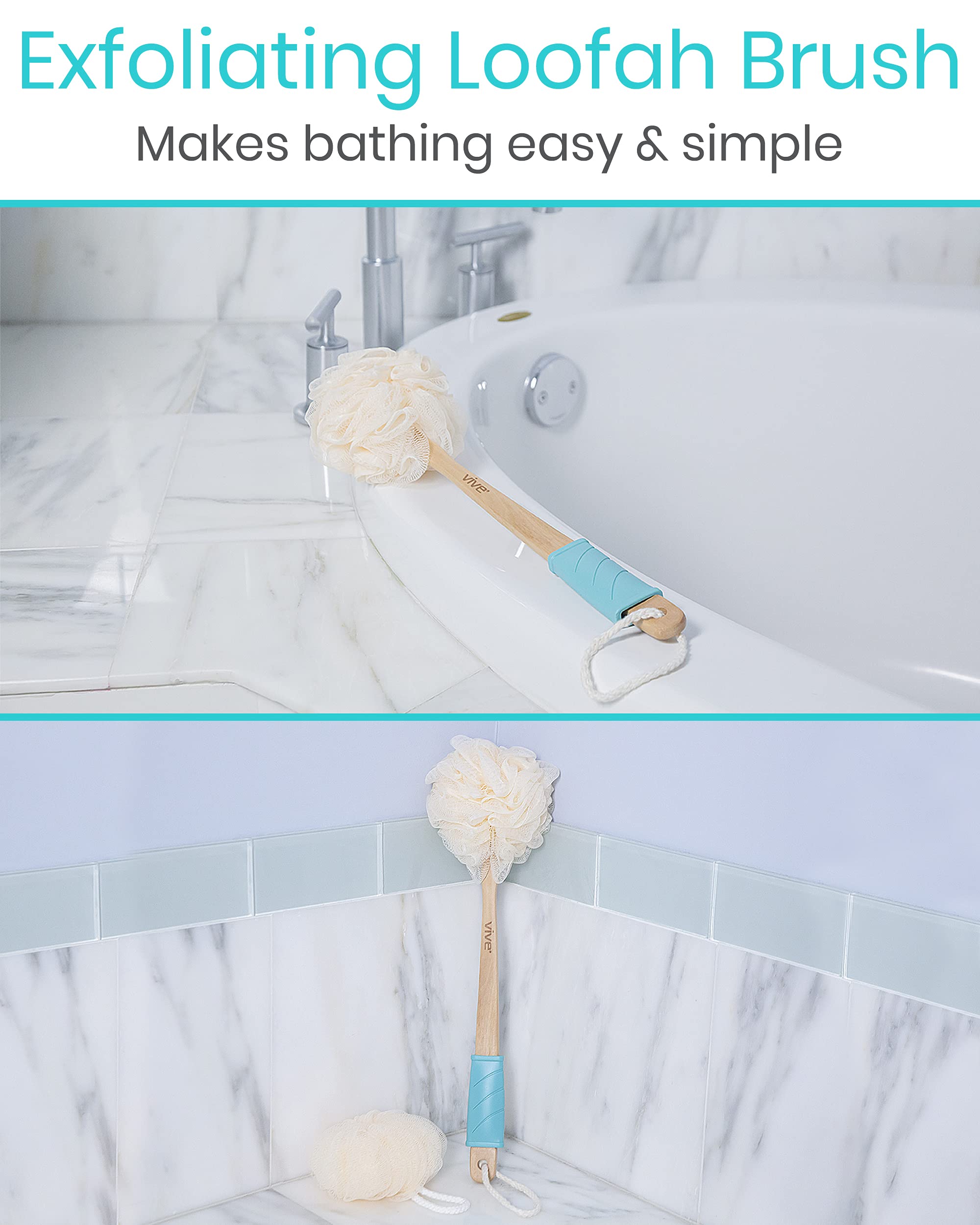 Vive 17” Shower Loofah with Long Handle - Exfoliating Back & Body Scrubber for Men & Women - Luffa Sponge on a Stick for Bathing, Cleaning - Includes Extra Handheld Lufa, Hook & String to Hang on Wall