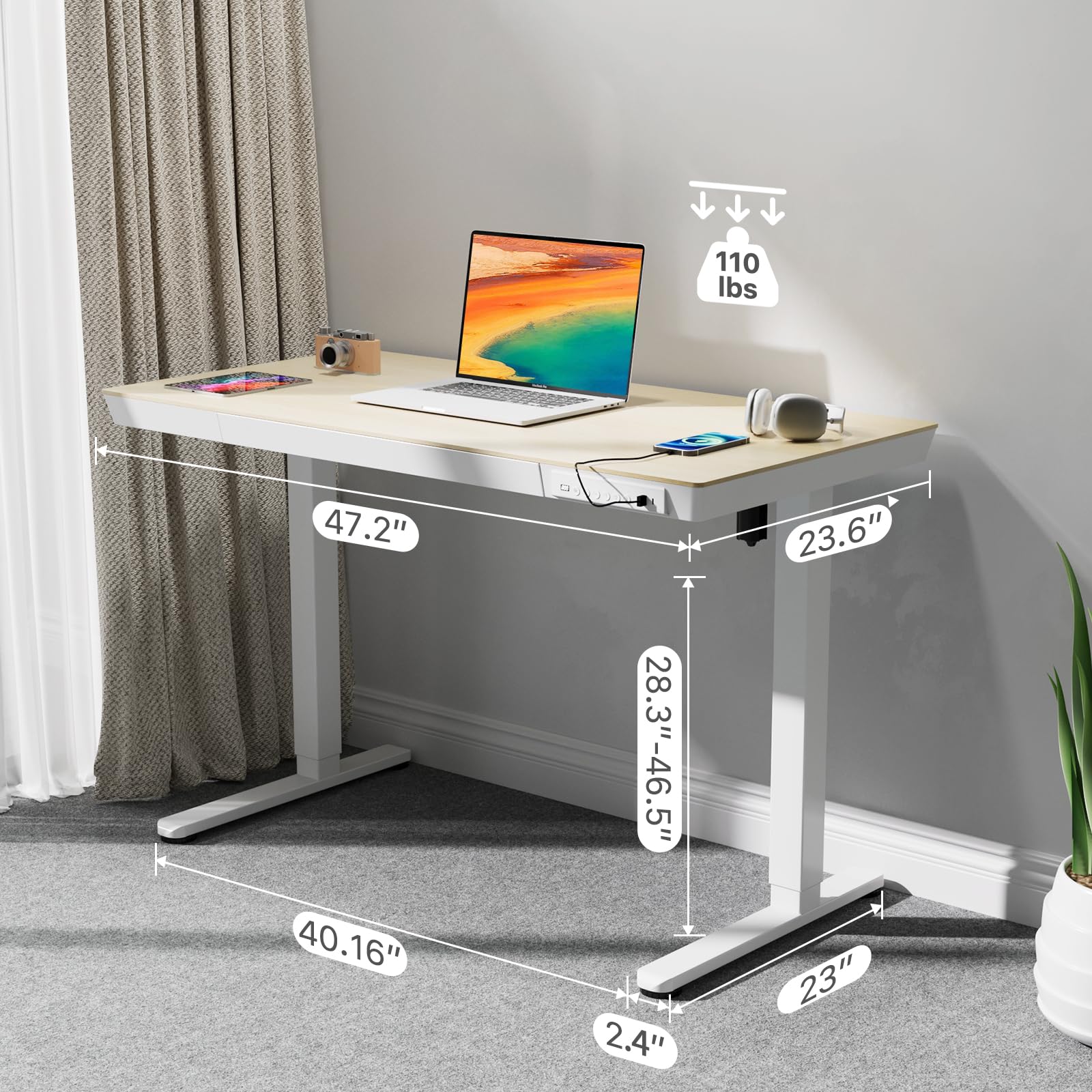 JYLH JOYSEEKER Electric Standing Desk with Drawers, Whole Piece 48 Inches Adjustable Height Desk, Modern Sit Stand Up Desk,Ergonomic Rising Desk for Home Office Workstation, Light Wood