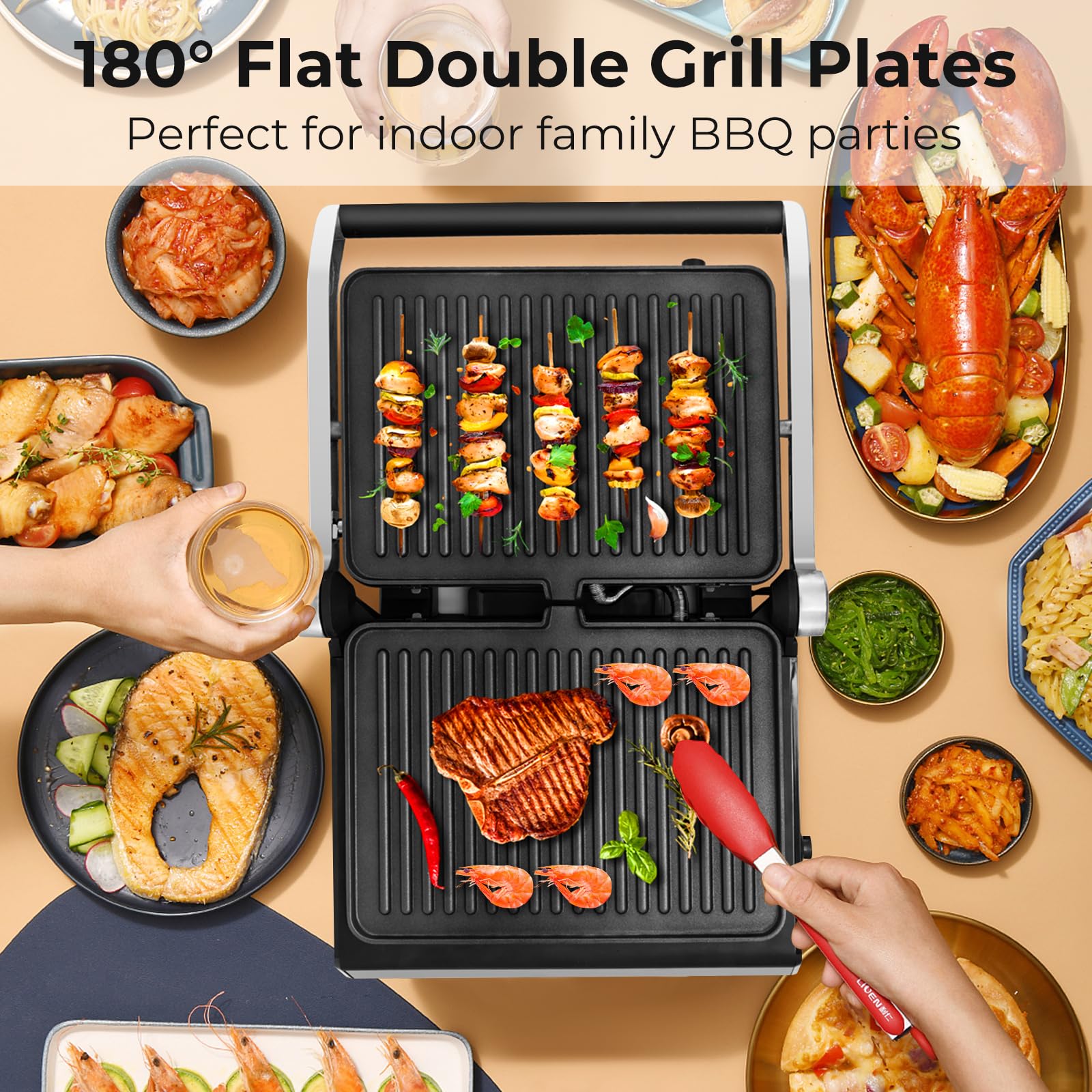 Giantex Panini Press Sandwich Maker, 3-in-1 Electric Indoor Grill, 2 Removable & Dishwasher Safe Non-Stick Plates, Drip Tray, 5 Auto Modes, Upper & Lower Independent Temperature Control, 4 H Timer
