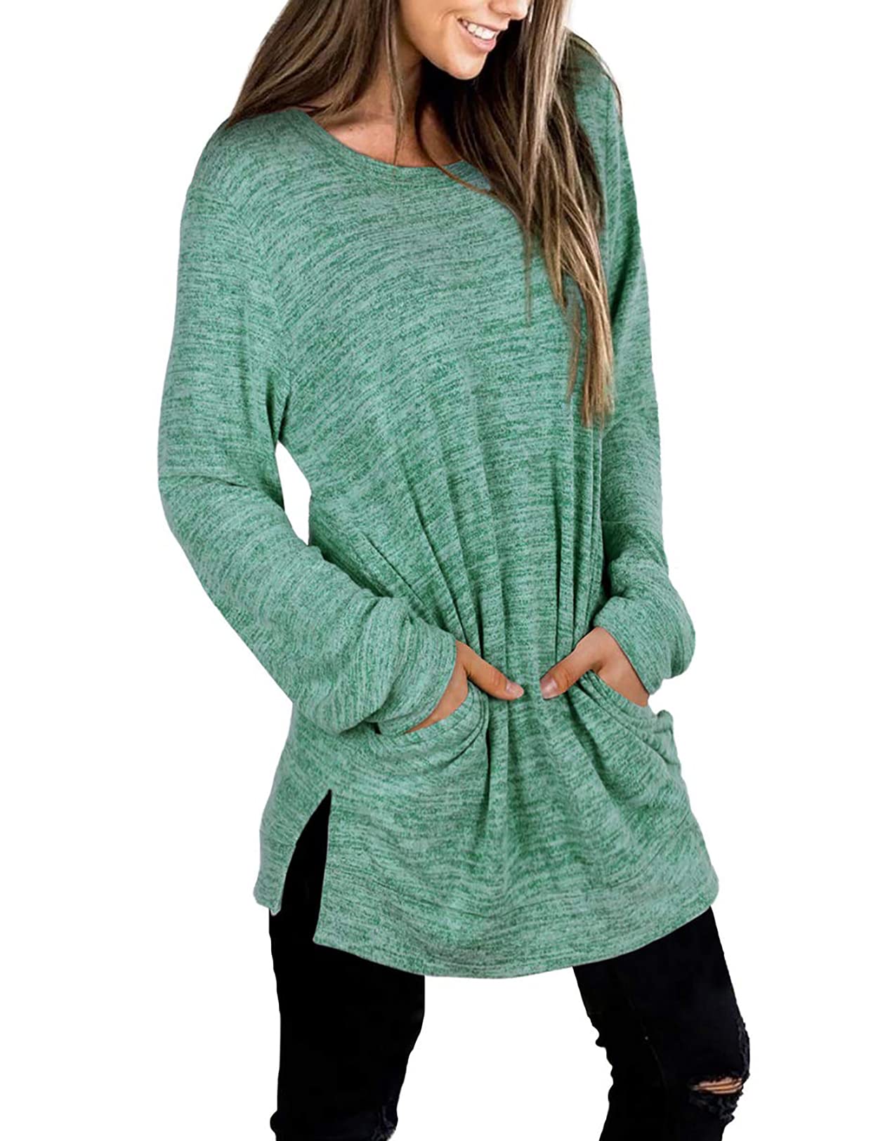 Bolomi Womens Casual Sweatshirts Long Sleeve Pullover Shirts Round Neck Oversized Tunic Tops with Pockets Lake Green Small