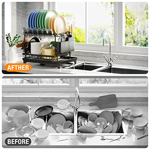 kenvc Dish Drying Rack,Dish Rack Kitchen Counter,Dish Racks for Kitchen Counter,Board Holder, 6 Cup Holder,Removable Large Capacity Dish Drainer, Rust-Proof Dish Drainer, Black