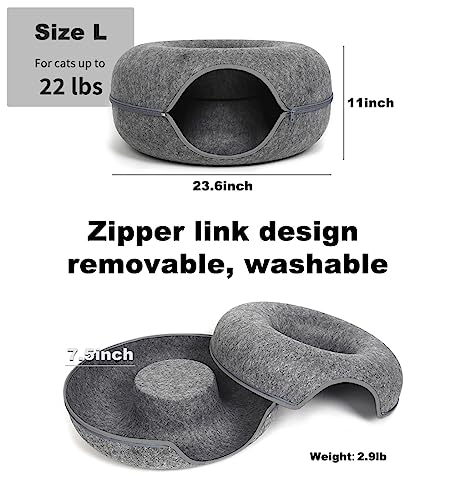Large Cat Tunnel Bed for Indoor Cats with 3 Toys, Scratch Resistant Donut Cat Bed, for Cats up to 22 Lbs (L(24x24x11), Dark Grey)