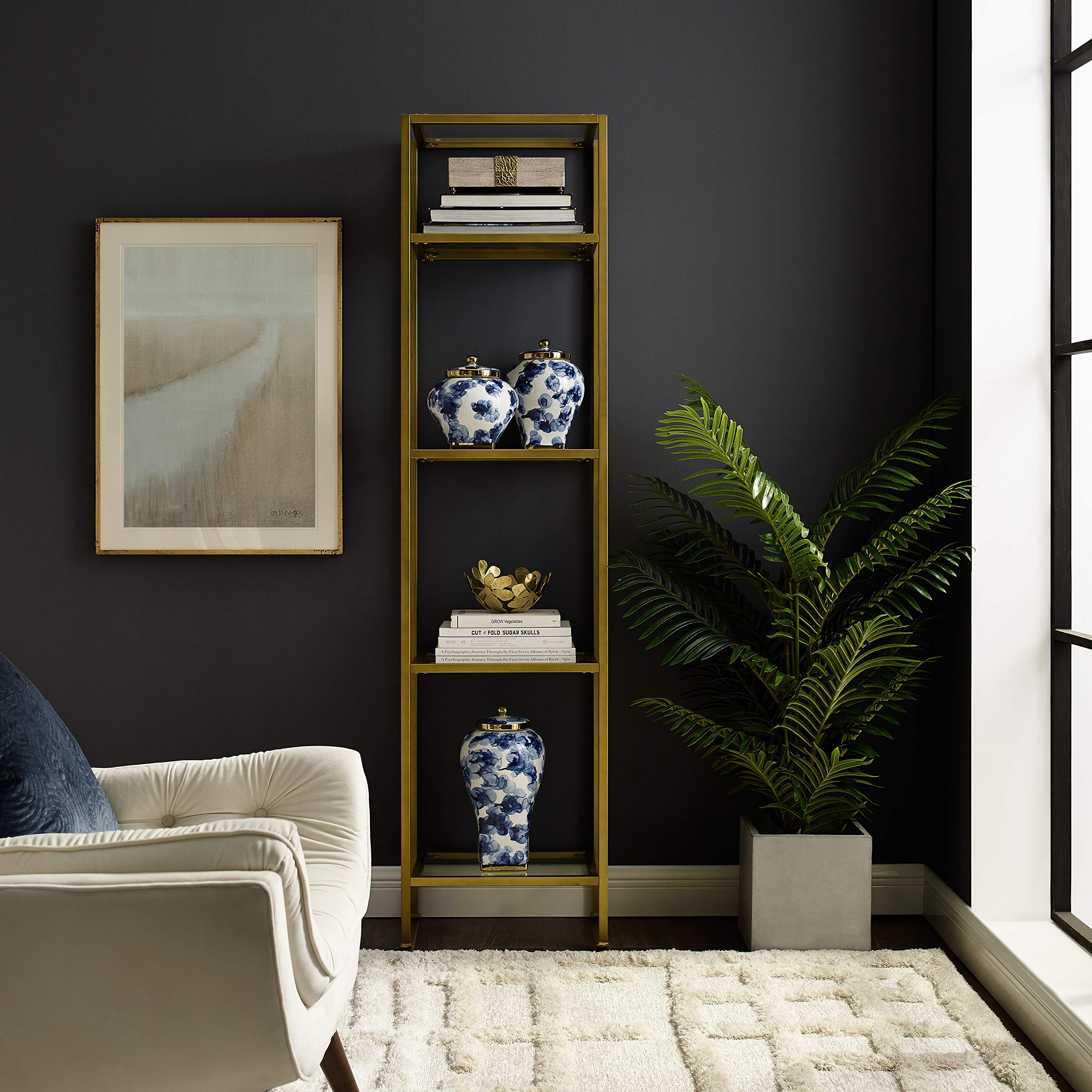 Crosley Furniture Aimee Narrow Bookshelf with Glass Shelves, Bookcase Storage, Gold and Glass