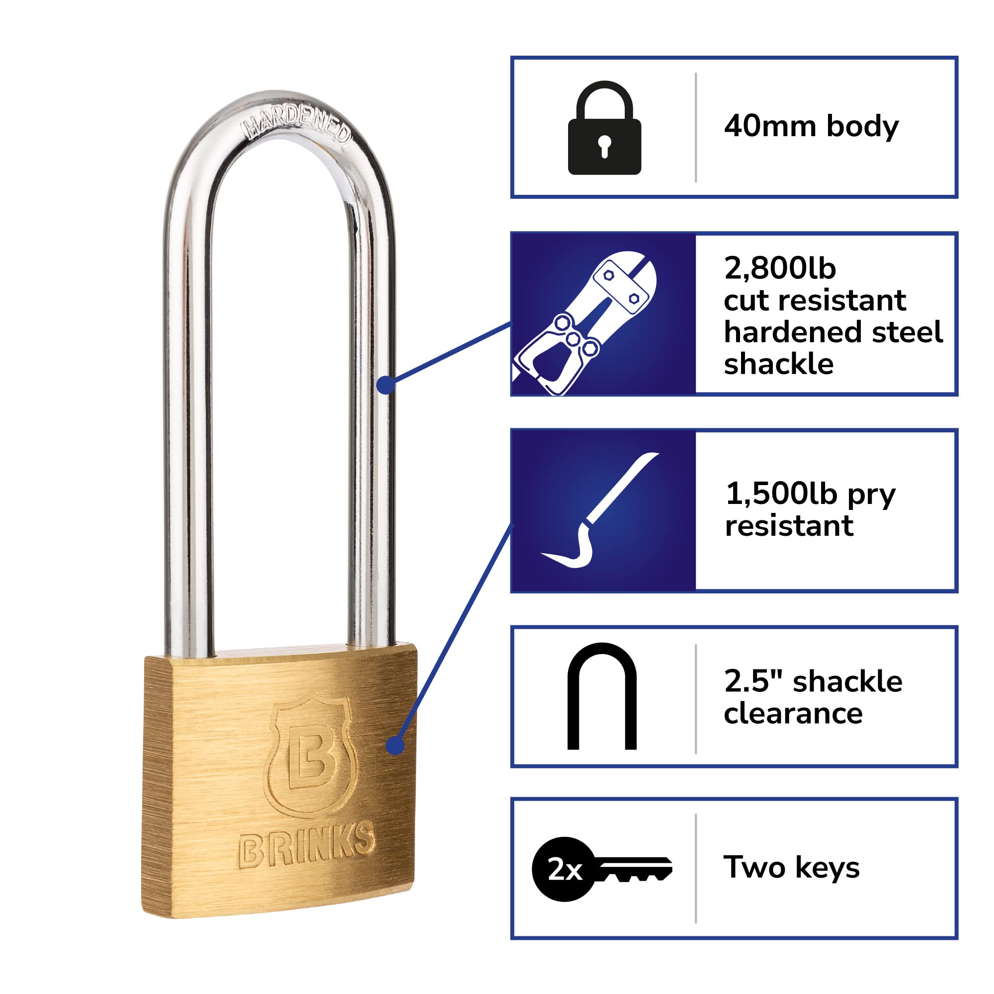 BRINKS - 40mm Solid Brass Keyed Padlock with 2.5β Shackle Clearance, 2-Pack - Chrome Plated with Hardened Steel Shackle, (171-42201)