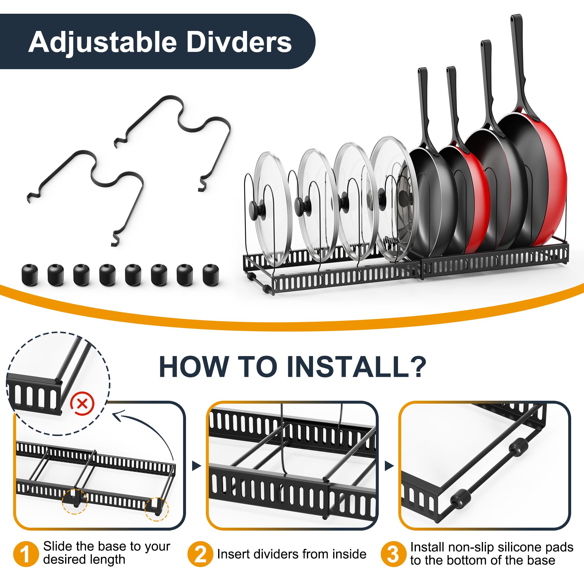 Bellsal Expandable Pots and Pans Organizer Rack for Cabinet, 10+ Adjustable Pot Lid Organizer Rack Holder, Kitchen Cabinet Pantry Pan Organizer Black