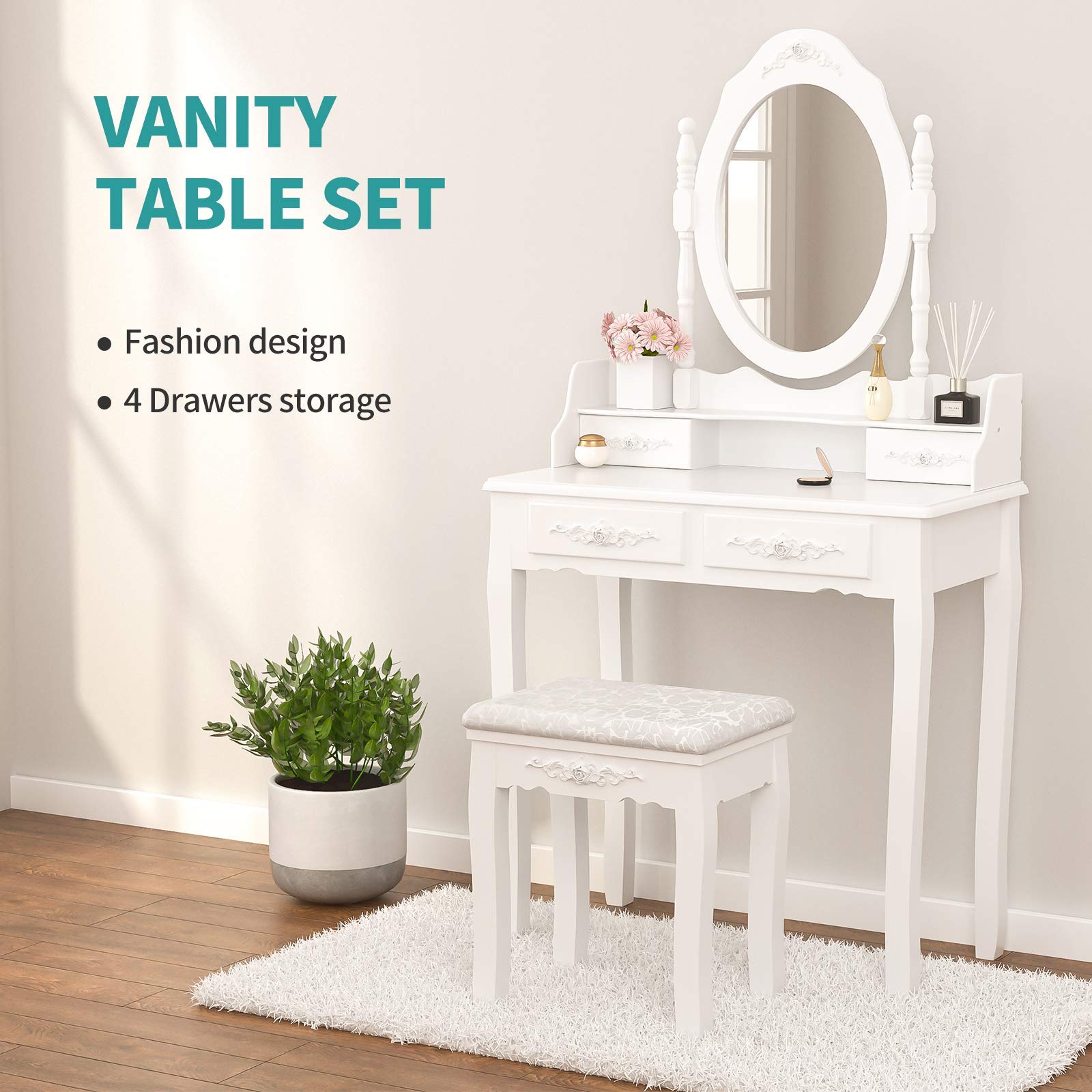 Mecor Vanity Table Set ,Makeup Table with Oval Mirror & Stool, Bedroom Wood Dressing Table with 4 Drawers White