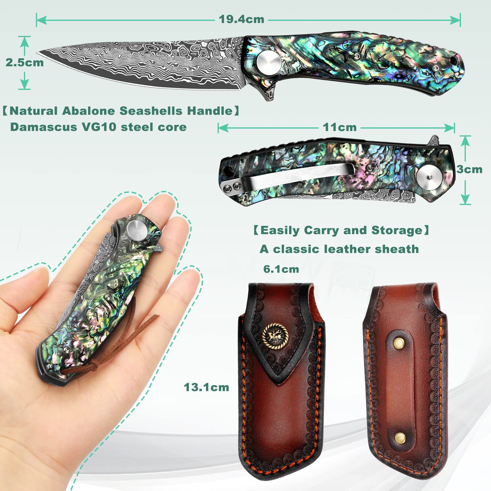 Benkey VG10 Damascus Abalone Seashells Pocket Knife and VG10 Damascus Camping Pocket Knife Bundles