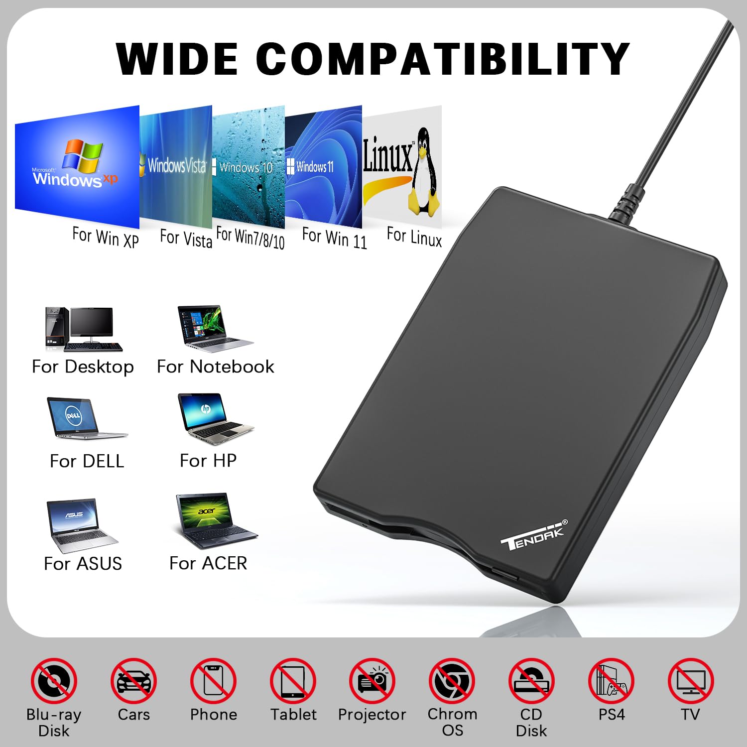 Tendak USB Floppy Disk Drive, Floppy Disk Reader 3.5 inch Portable USB External 1.44MB FDD Diskette Drive for Windows 11/10/8/7/2000/XP/Vista PC Laptop, Plug and Play (Black)