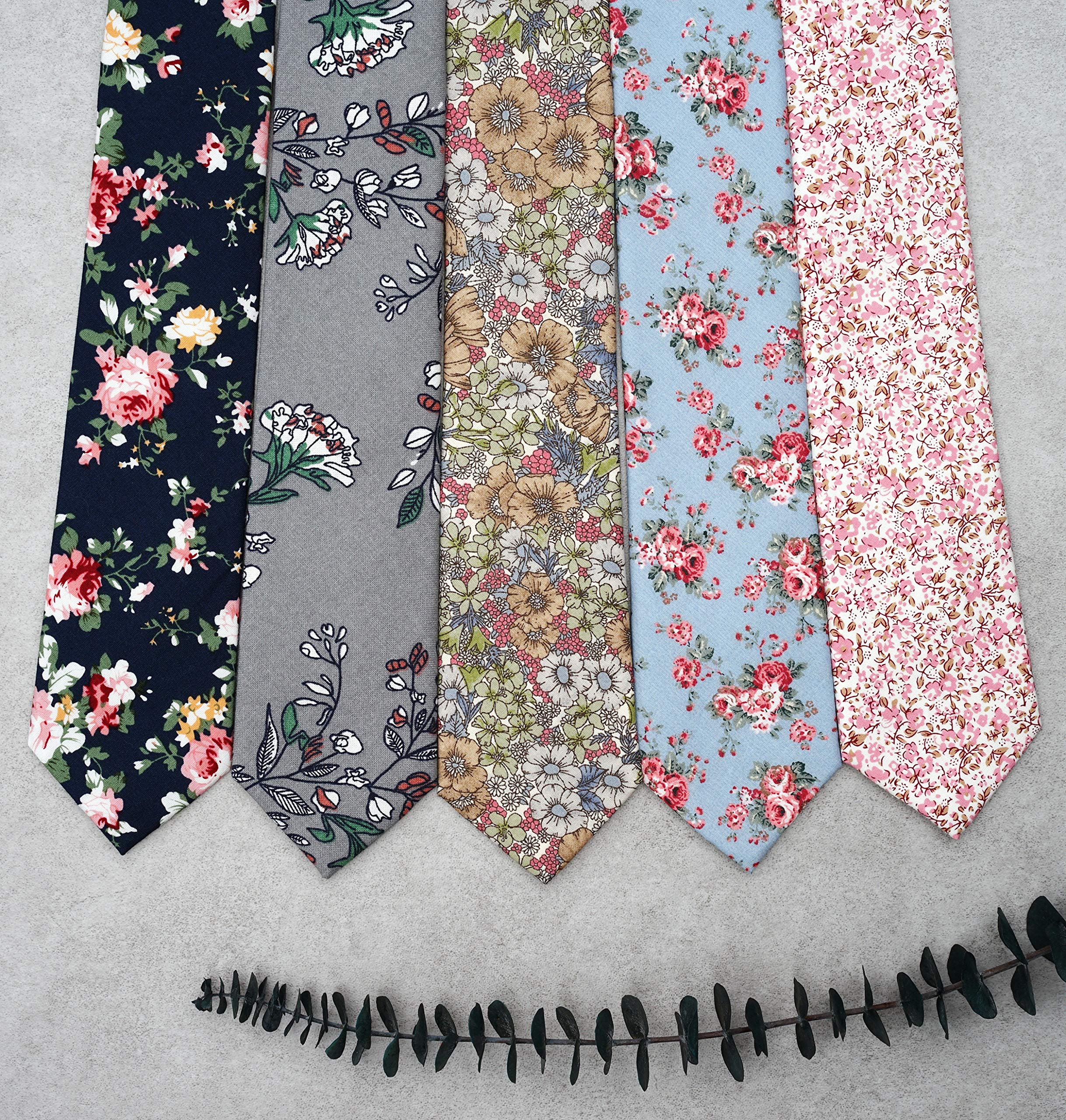BELLUNO Floral Skinny Tie for Men, Slim Flower Tie for Wedding, Activities, Gift Box-Beige Blue
