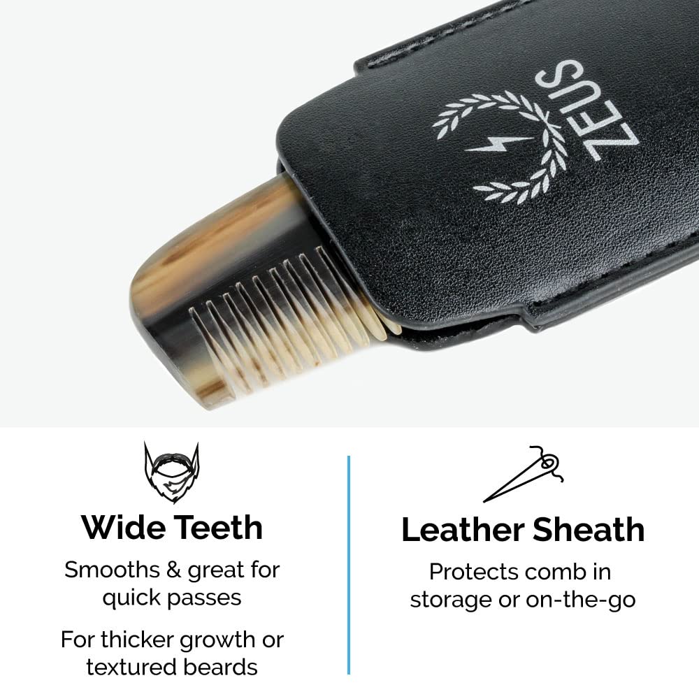 ZEUS Wide Tooth Natural Horn Beard Comb w/Leather Case, Saw-Cut, Anti-Static, Tames, Smooth Glide for Long/Thick Beards