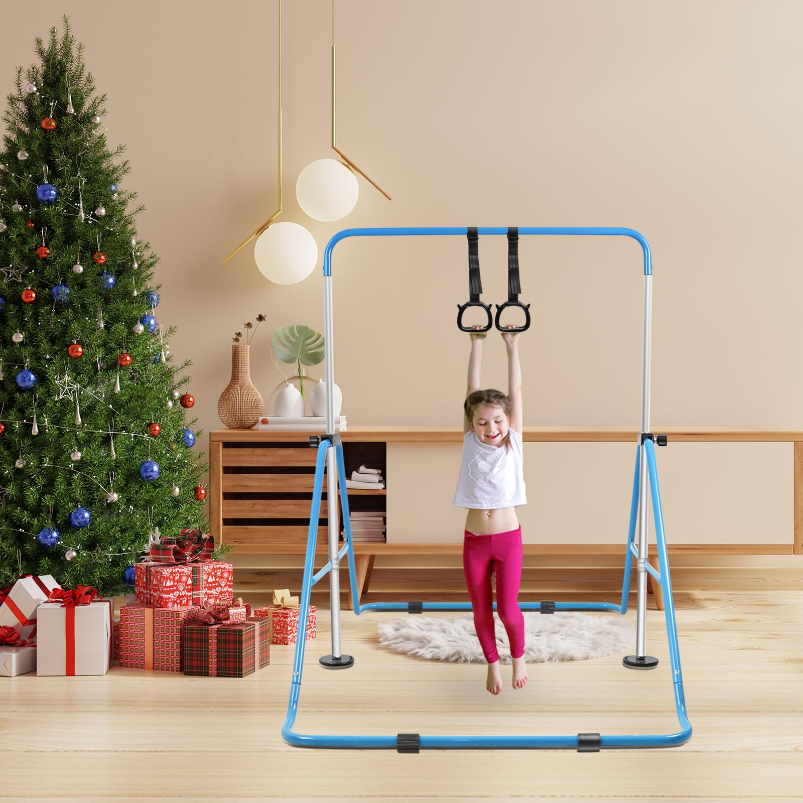 BEEYEO Kids Gymnastics Bar for Home Expandable Adjustable Height Junior Gymnastic Equipments Horizontal Bars Training Kip Bar Equipment for Home/Floor/Practice/Gymnastics (Pink)