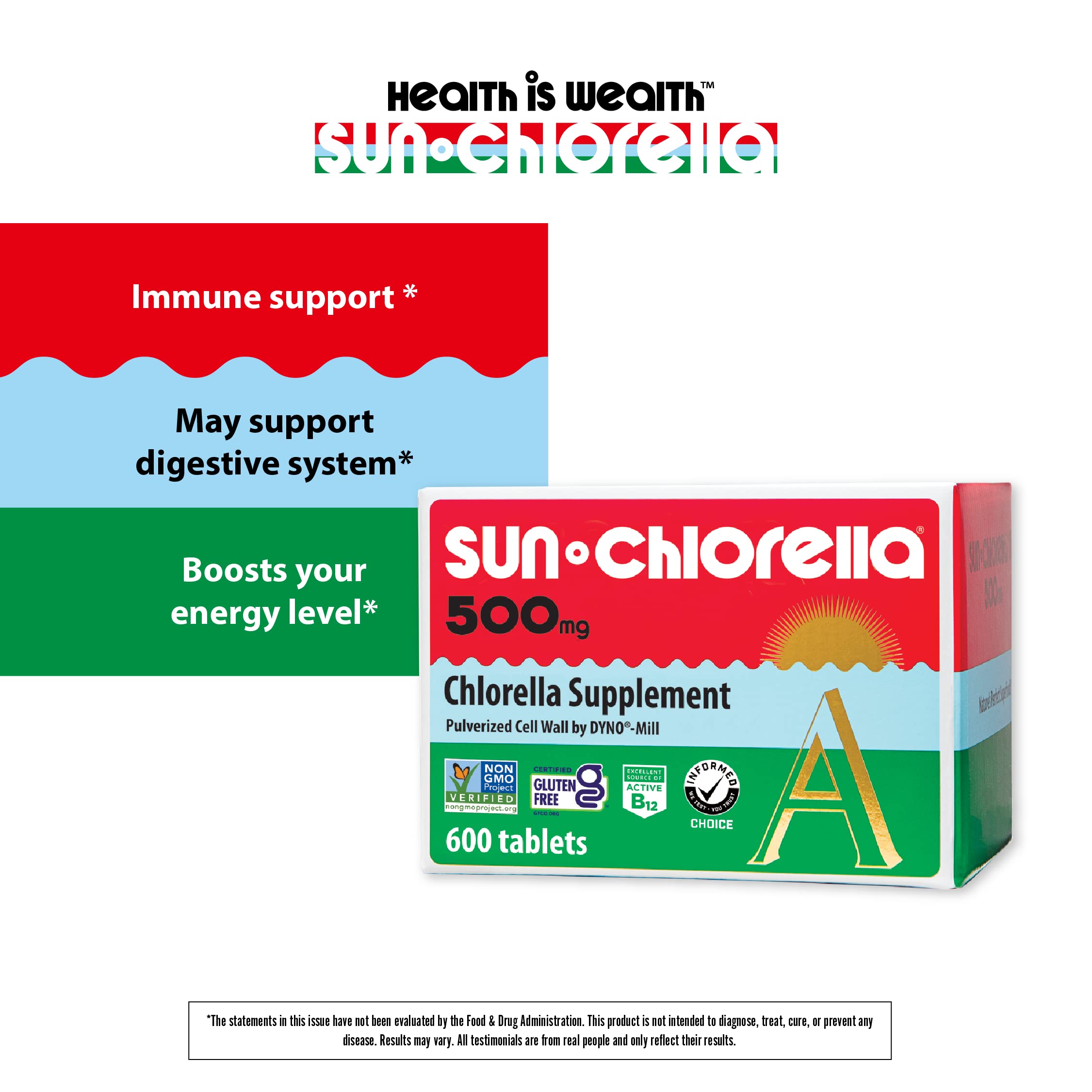 Sun Chlorella 500mg Whole Body Wellness Green Algae Superfood Supplement - Immune Defense, Gut Health, Natural Purification, Energy Boost - Chlorophyll, B12, Iron, Protein - Non-GMO - 600 Tablets