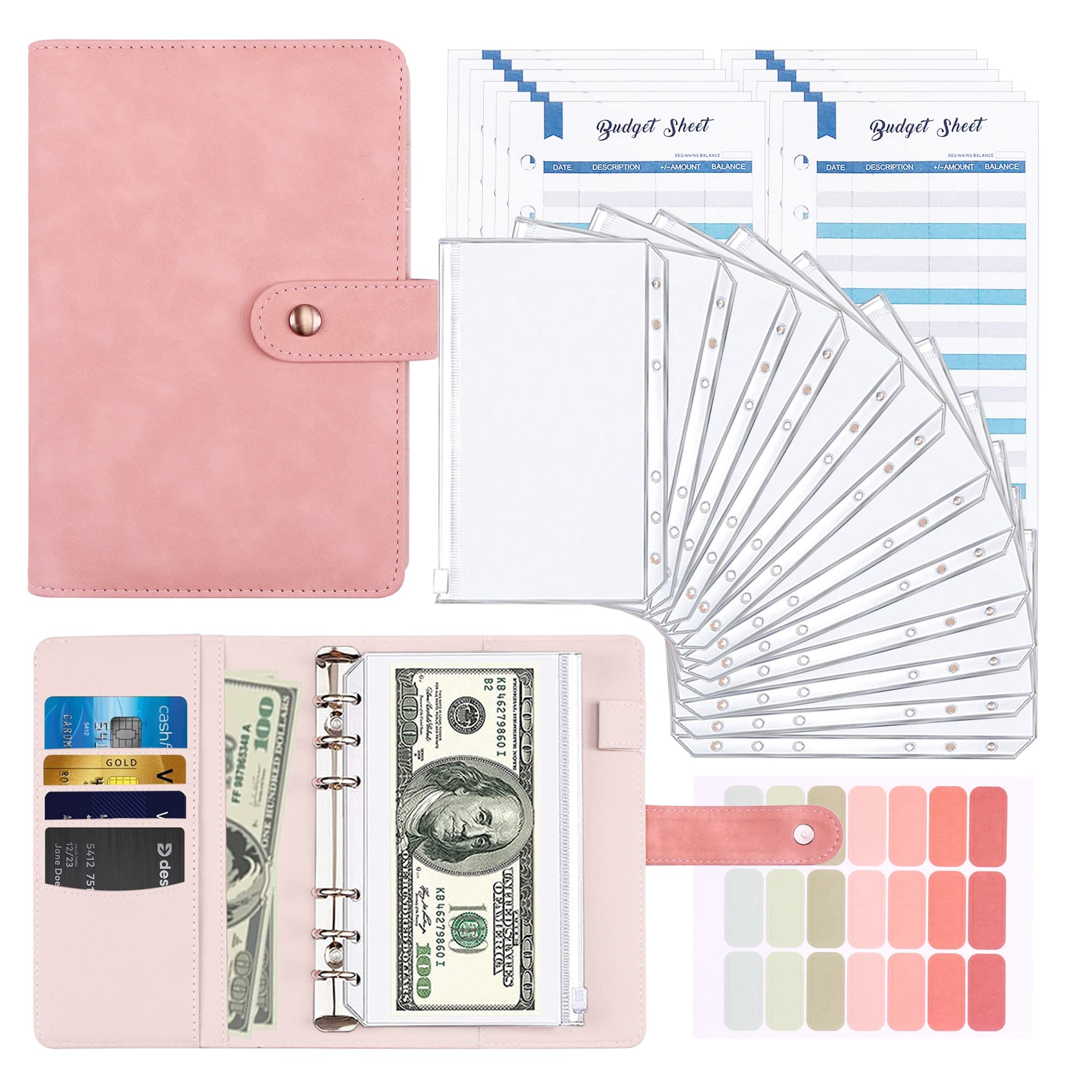 Budget Binder with Cash Envelopes for Budgeting, PU Leather Money Organizer Binder, 6 Ring Cash Binder with 12PCS Clear Zipper Envelopes, 12PCS Budget Sheets, 21PCS Color Labels, A6, Pink