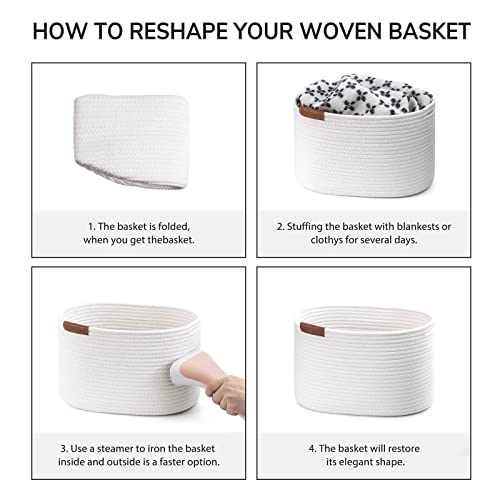 CHICVITA Woven Storage Basket for Shelves, Cotton Rope Dog Toy Bin, Empty Gift Basket with Handles, Small Laundry Baskets for Cloth Towel Shoes, White Oval Basket 3 Packs