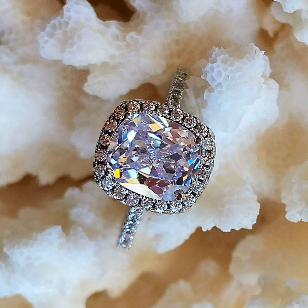 BeFab 2.25 Ct Cushion Cut Anniversary Ring Cubic Zirconia Accented Halo Engagement Ring (Silver, 7)