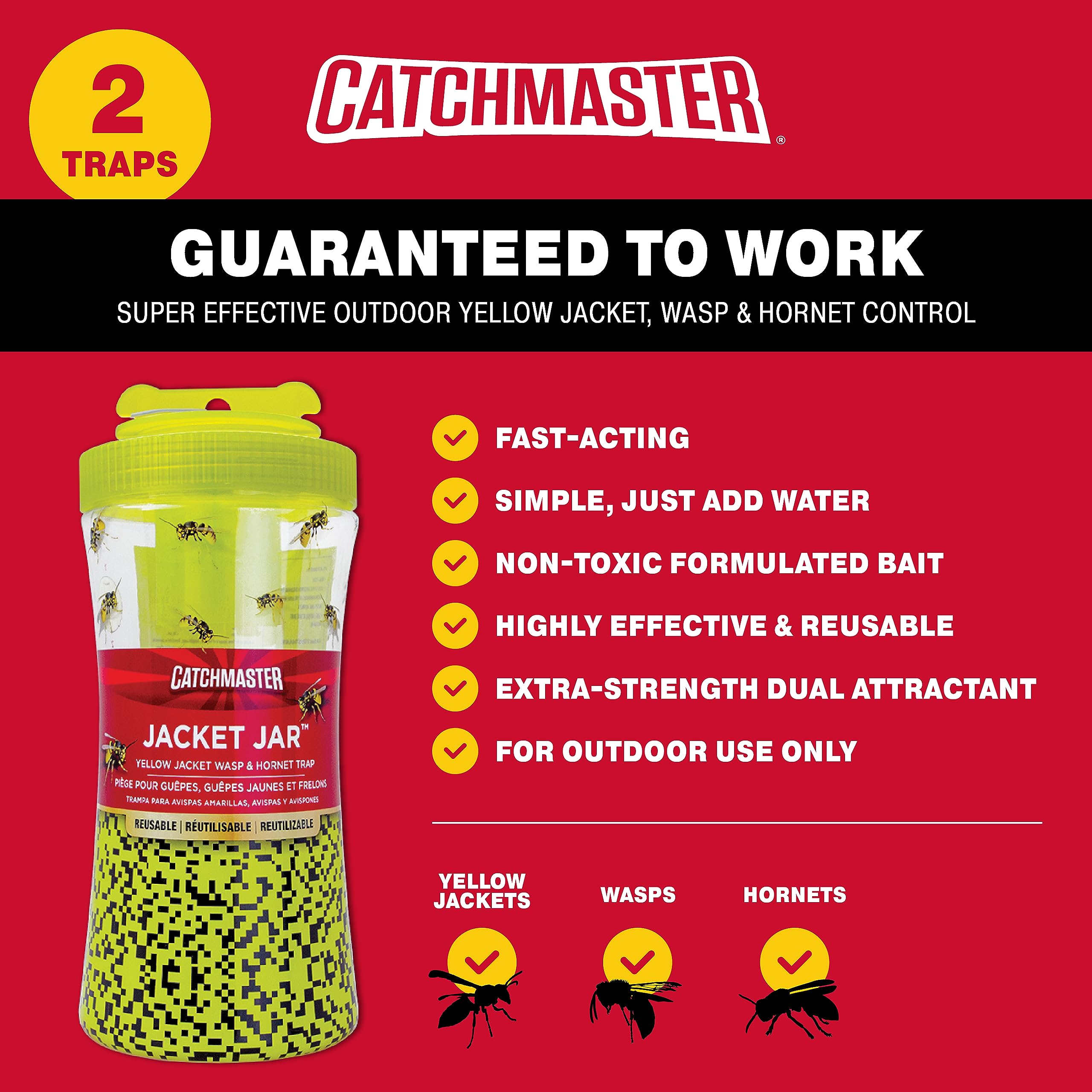 Catchmaster Yellow Jacket, Hornet, & Wasp Trap Jar 2-Pk, Reusable Bug Catcher with Attractant, Outdoor Flying Insect Trap, Wasp Killer Bug Trap, Pet Safe Pest Control for Backyard, Patio, & Shed
