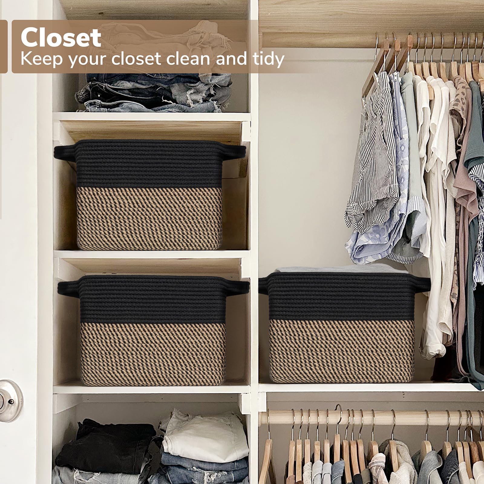 Goodpick Black Woven Rope Basket Set of 3, Shelf Storage Baskets for Books, Towels, clothes, Rectangle Decorative Basket for Living Room, Bedroom, Toy Bin for Nursery