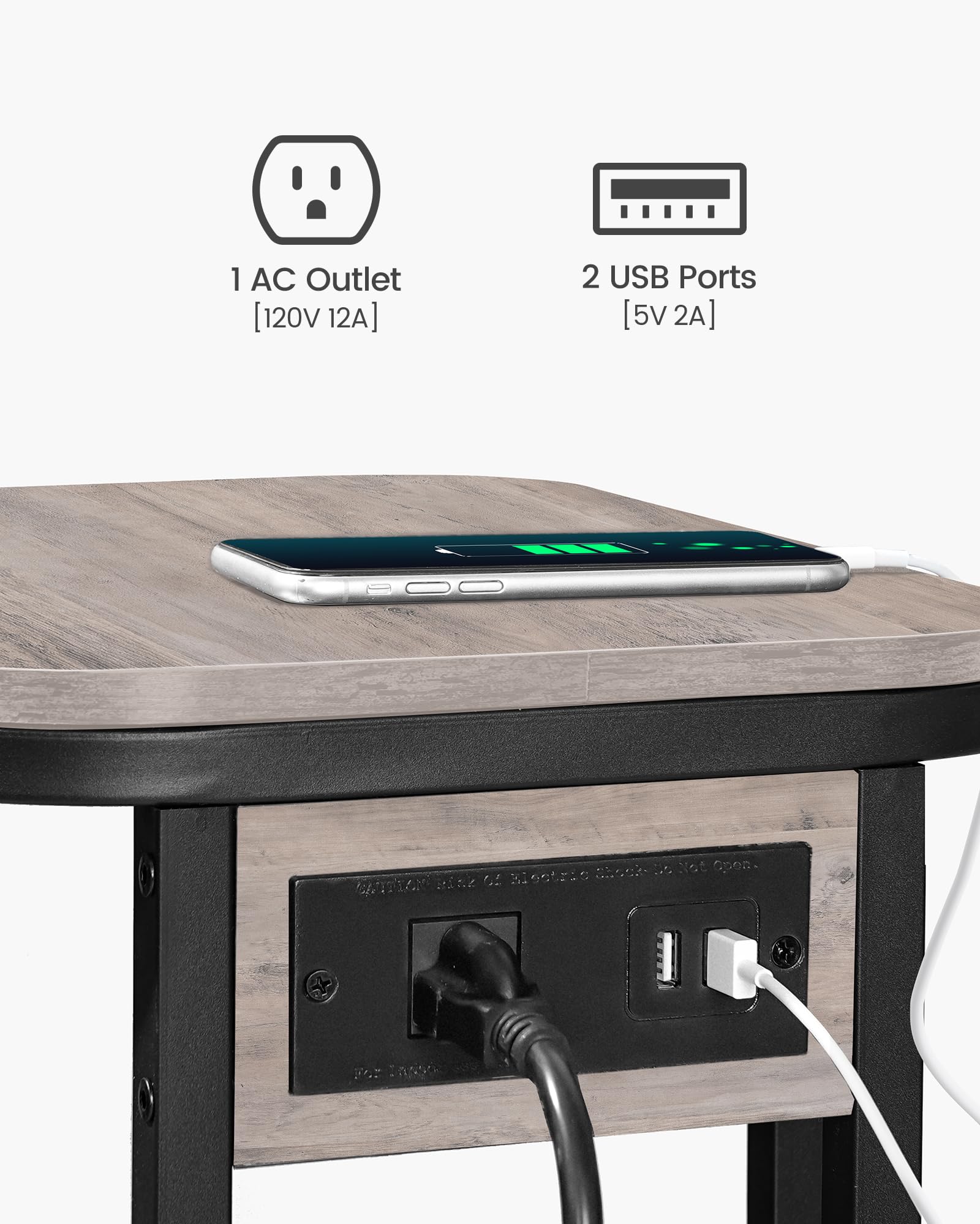 CHOEZON C-Shaped Side Table, Small End Table with Charging Station, Sofa Side Table for Couch with Outlet and USB Ports, for Small Spaces, for Bedroom, Living Room, Greige and Black TSF02UBH