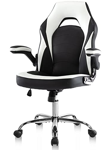 Office Chair, Ergonomic Desk Chair Flip-up Padded Armrests Gaming Chair PU Leather Computer Chair Executive Swivel Task Chair for Working Studying (White, Flip-up armrest)
