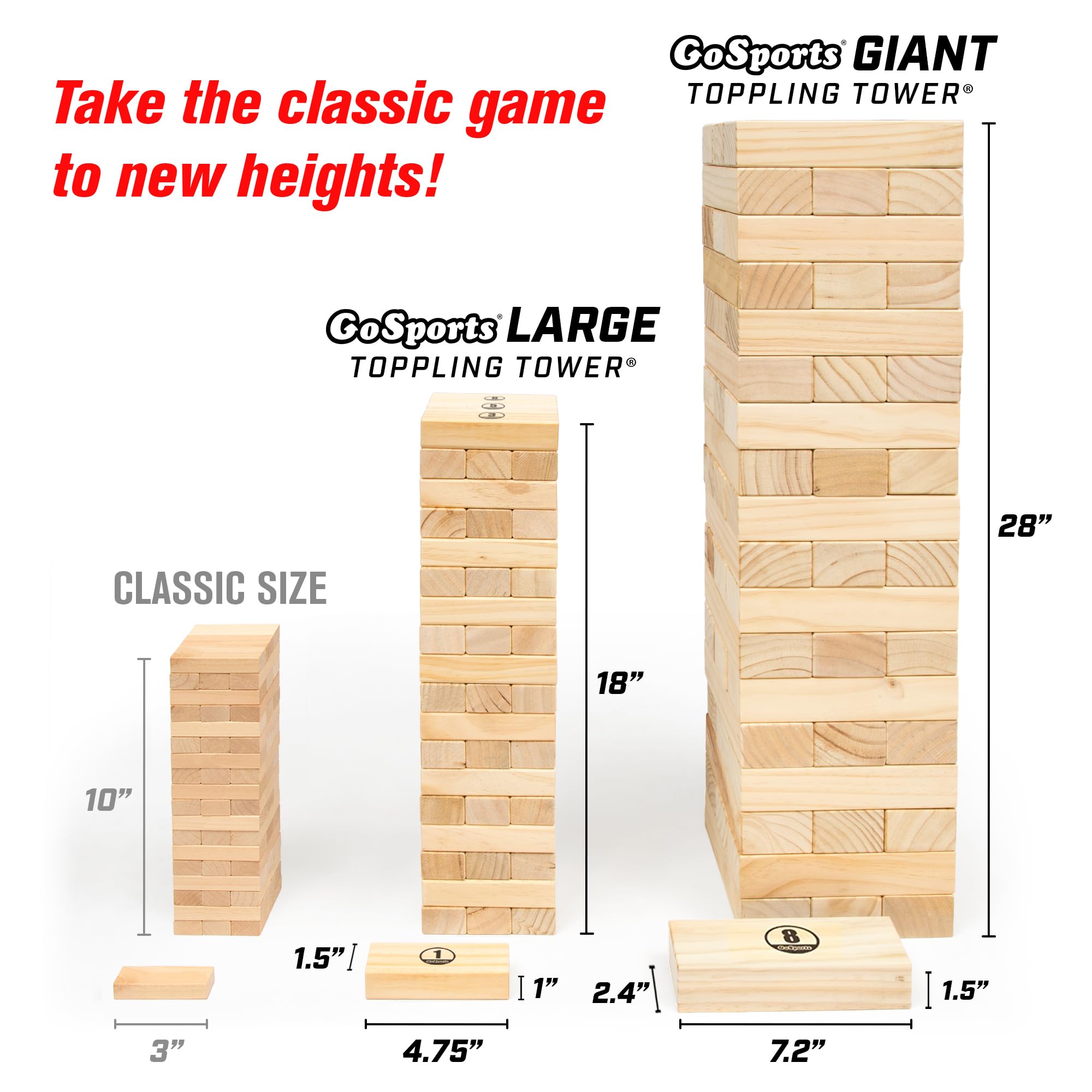 GoSports Giant Wooden Toppling Tower - Stacks Up to 5 ft - Natural Wood