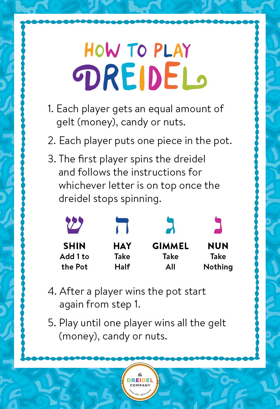 The Dreidel Company Extra Large Blue & White Hand Painted Wooden Hanukkah Dreidels - Includes Game Instruction Cards- (10-Pack XL)