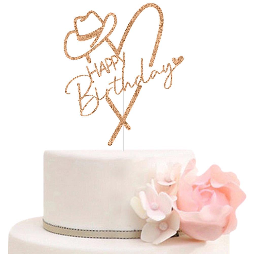 Cowgirl Happy Birthday Cake Topper, Mexican Western Birthday Cake Decor, Fiesta Theme Girls Birthday Party Decorations Rose Gold Glitter